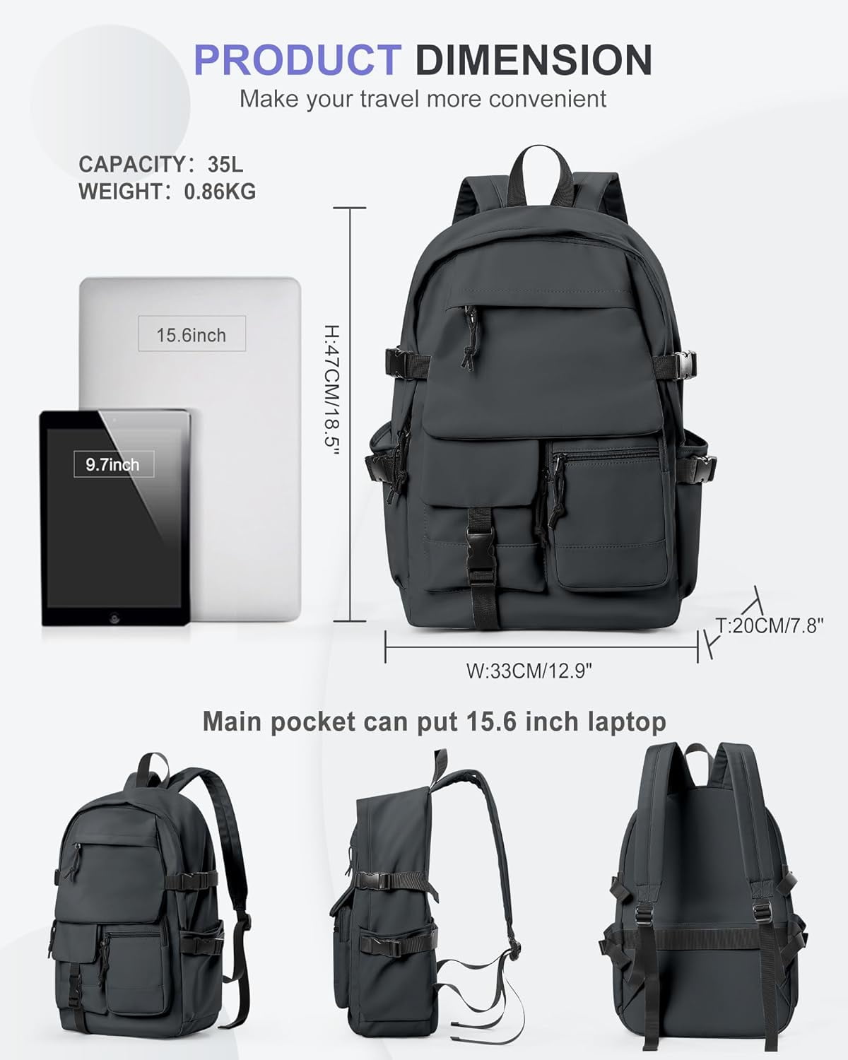 TRAHOO-Small Dark Gray Backpack for College,Waterproof Travel Canvas ...