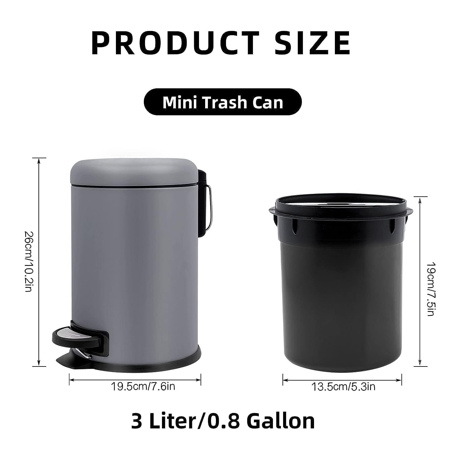 TRAHOO-Small Foot Pedal Garbage Can, 0.8Gal Bathroom Trash Can with ...