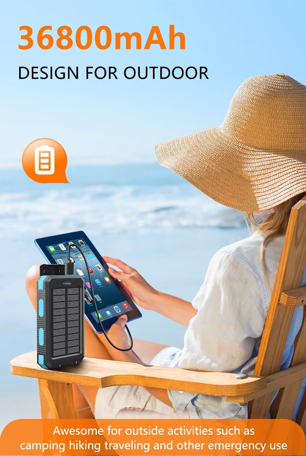 TRAHOO-Solar Charger Power Bank - 36800mAh Type-C 5V3.1A Fast Charging Power Bank. Equipped with ...