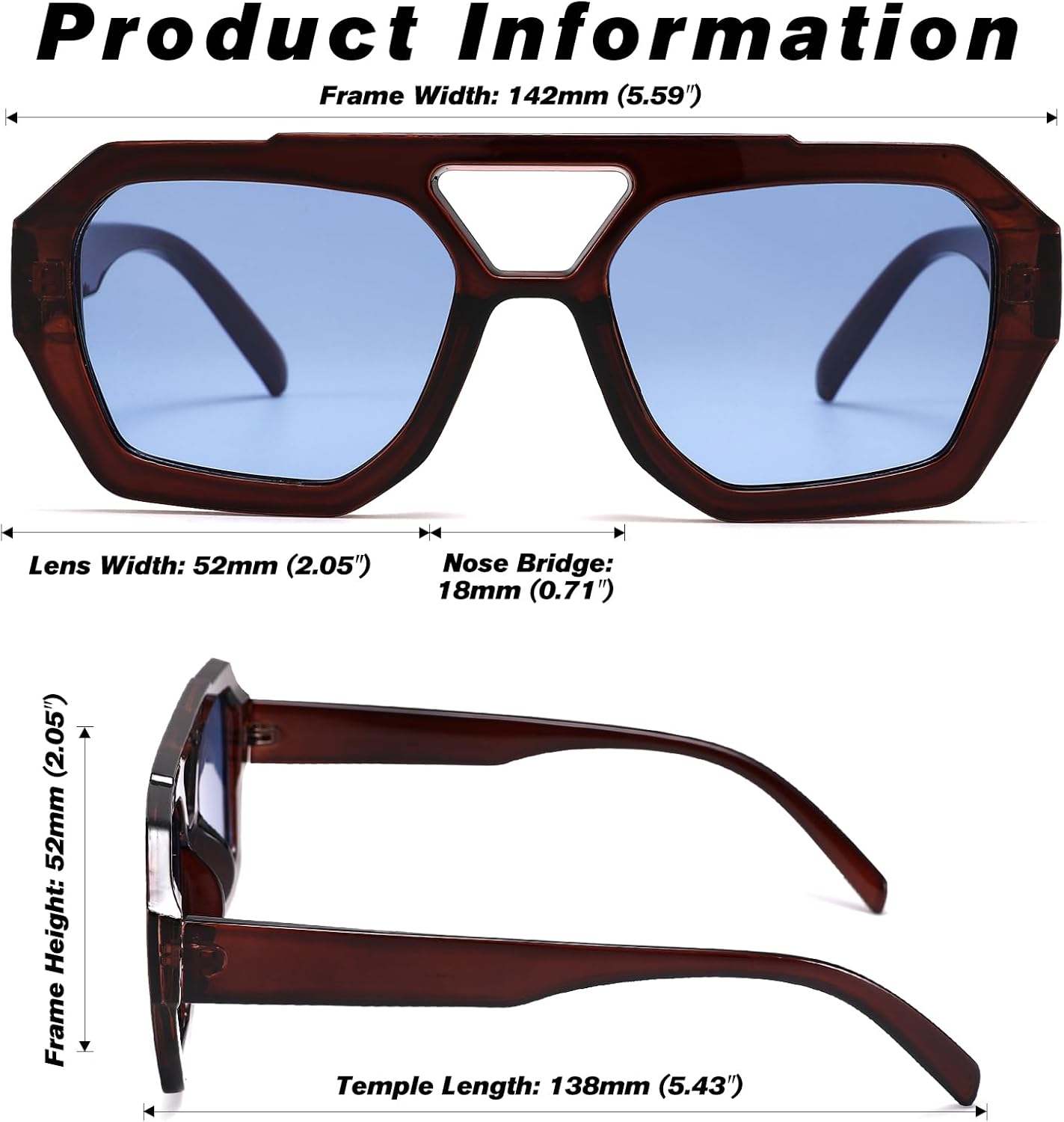 TRAHOO-Square Aviator Sunglasses for Women Men, Hexagonal Thick Frame Double Bridge Sun Glasses ...