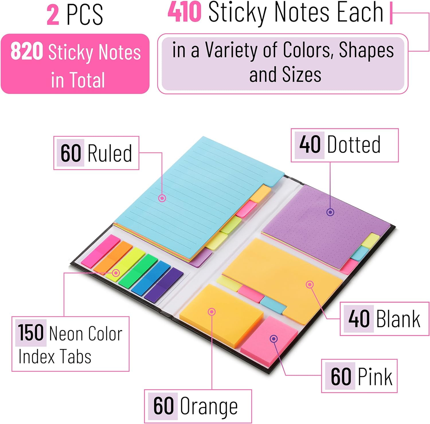 TRAHOO-- Sticky Note Set, 2 Sets, 820 pcs, Vibrant Colors, Sticky Notes ...