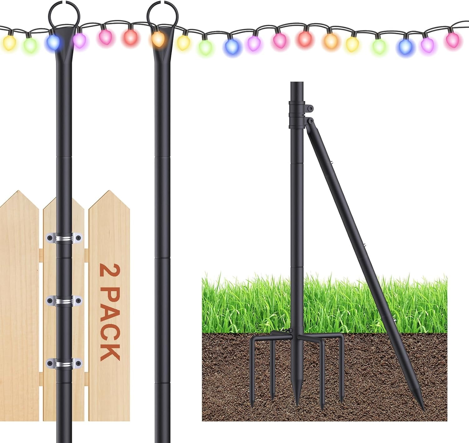TRAHOO-String Light Poles - Patio Light Poles with Fork, Stability ...