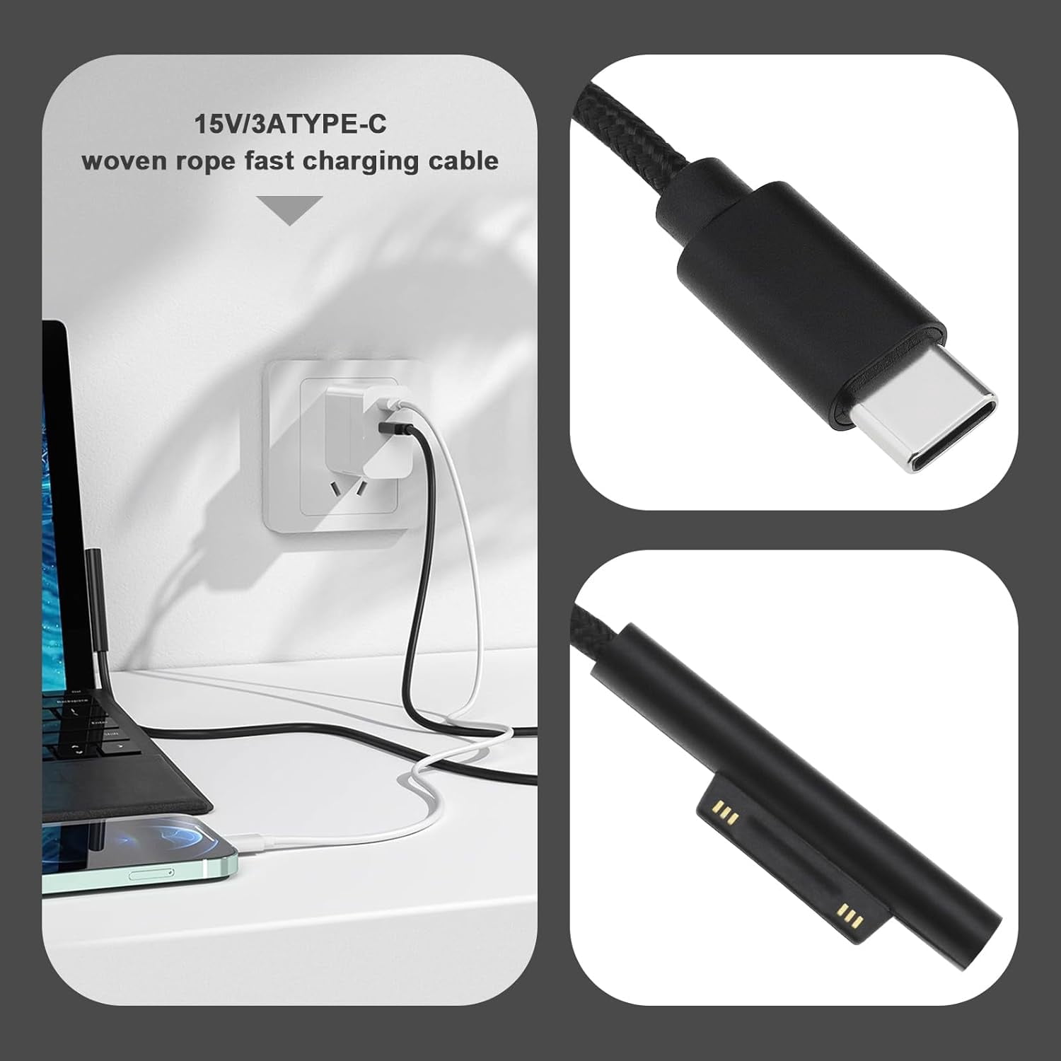 TRAHOO-Surface Connect to USB-C Charging Cable 1.5 Meters Compatible ...