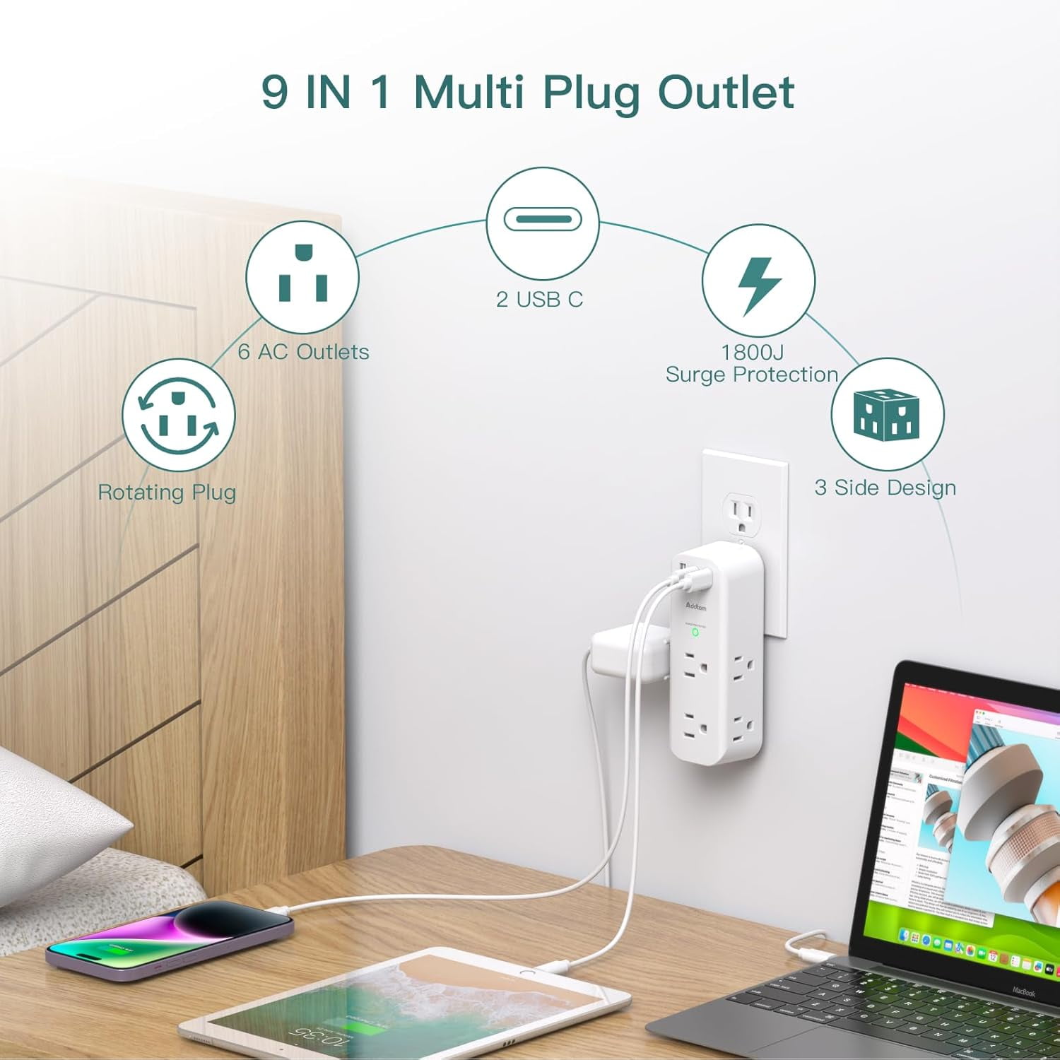 TRAHOO-Surge Protector Wall Outlet Extender, Multi Plug Outlet with ...