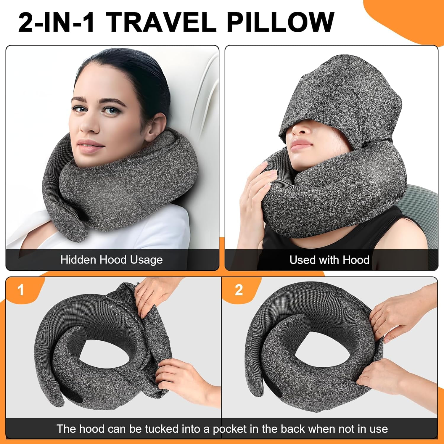 TRAHOO-Travel Pillow - Hooded Neck Pillow Airplane, Memory Foam Pillow ...