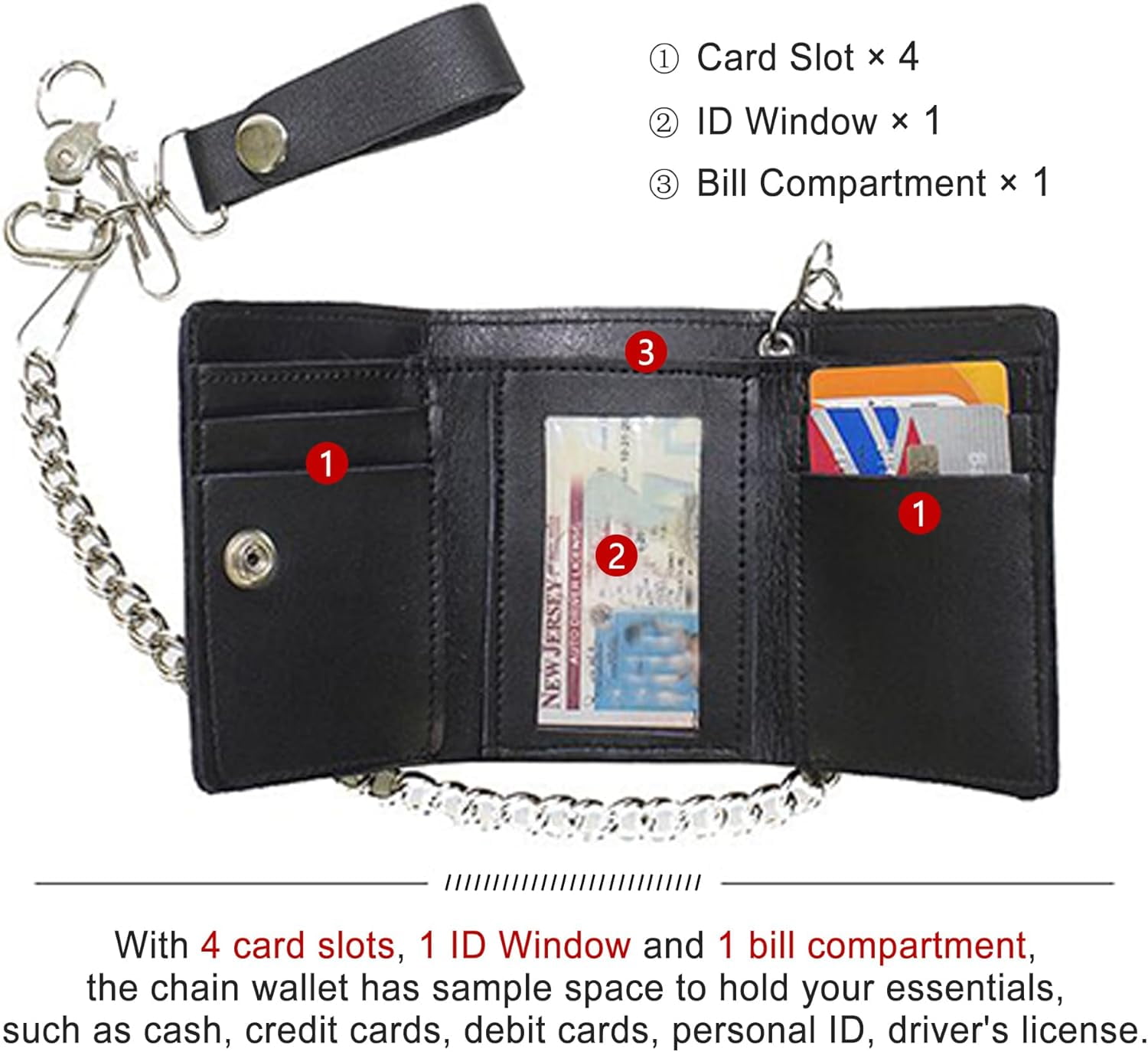 TRAHOO-Tri-Fold Chain Wallet for Men and Women, Cowhide Leather ...