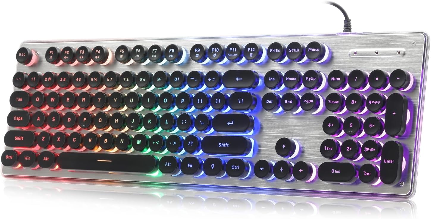 TRAHOO-Typewriter Style Gaming Keyboard with Metal Panel, Rainbow LED ...