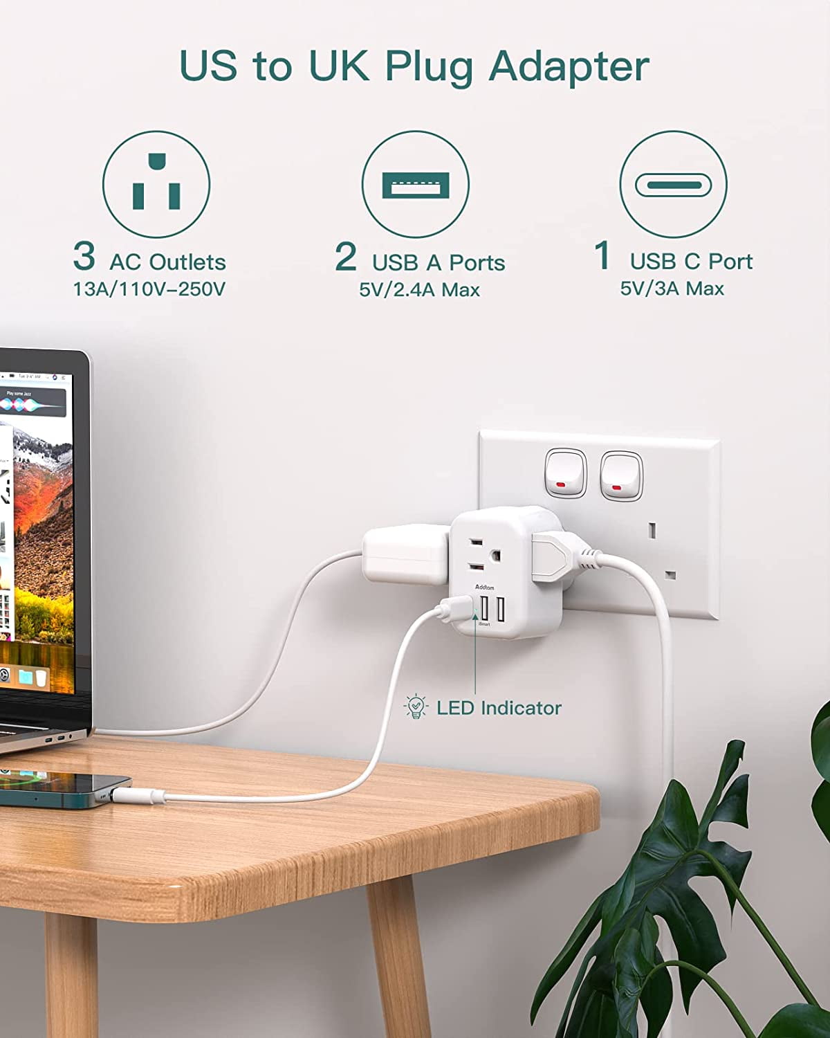 TRAHOO-US to UK Ireland Plug Adapter, Type G Power Adapter with 3 AC ...