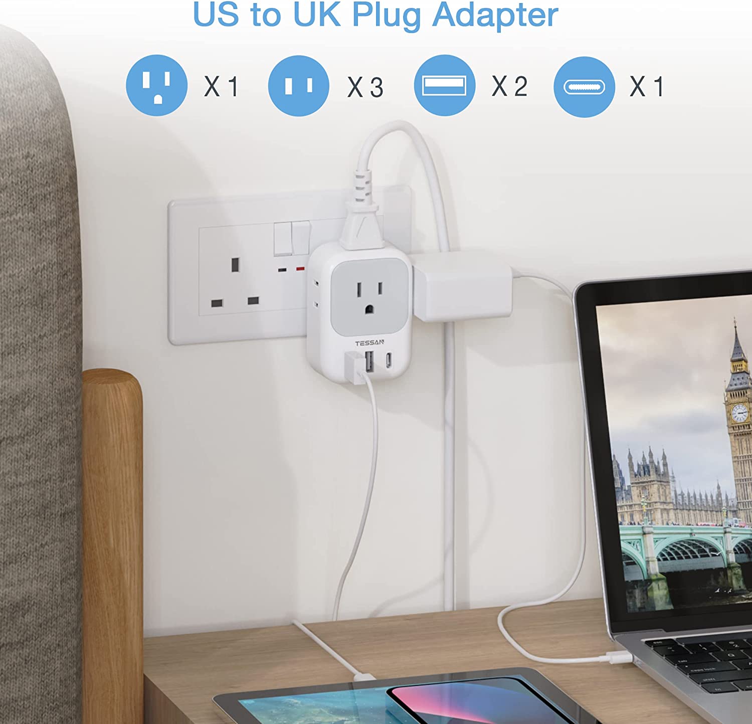 TRAHOO-US to UK Plug Adapter, Type G Travel Converter with 3 USB ...