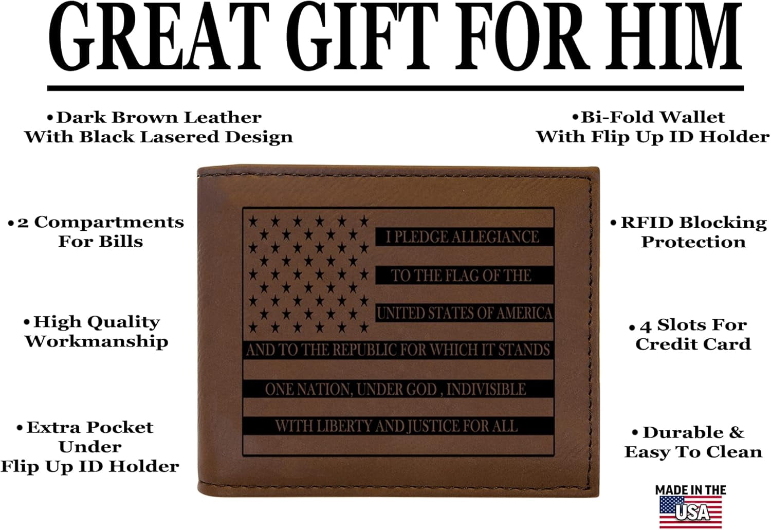 TRAHOO-USA American Flag Pledge of Allegiance Men's Leather Bifold ...