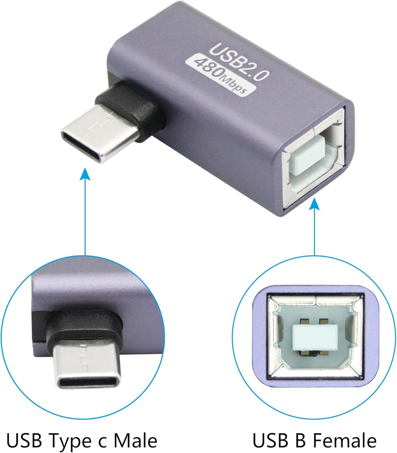 TRAHOO-USB 2.0 B Type Connector Adapter, Right Angle USB Type C Male to ...