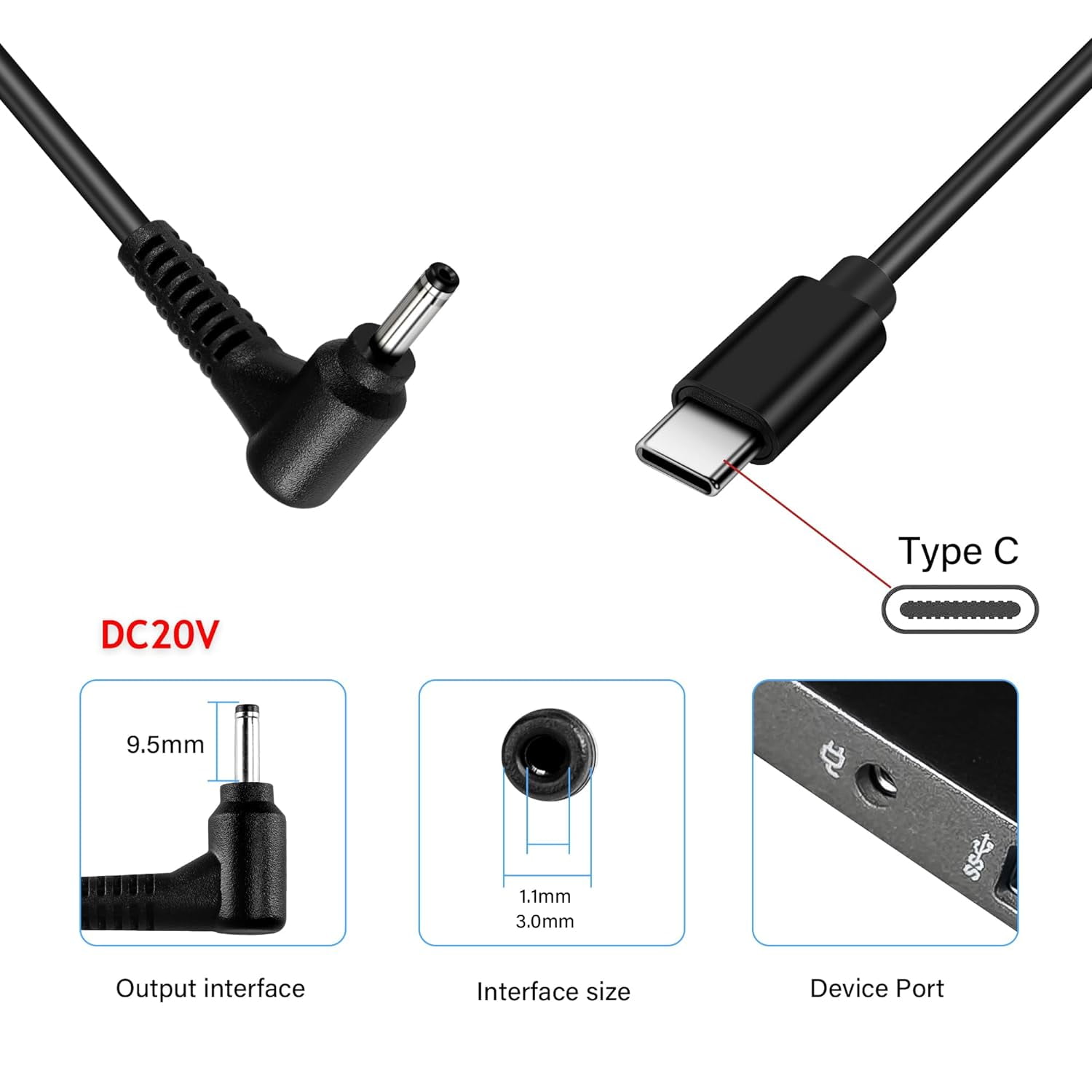 TRAHOO-USB C to 3.0mm Laptop Charging Cable Type C to Right Angle DC 3. ...