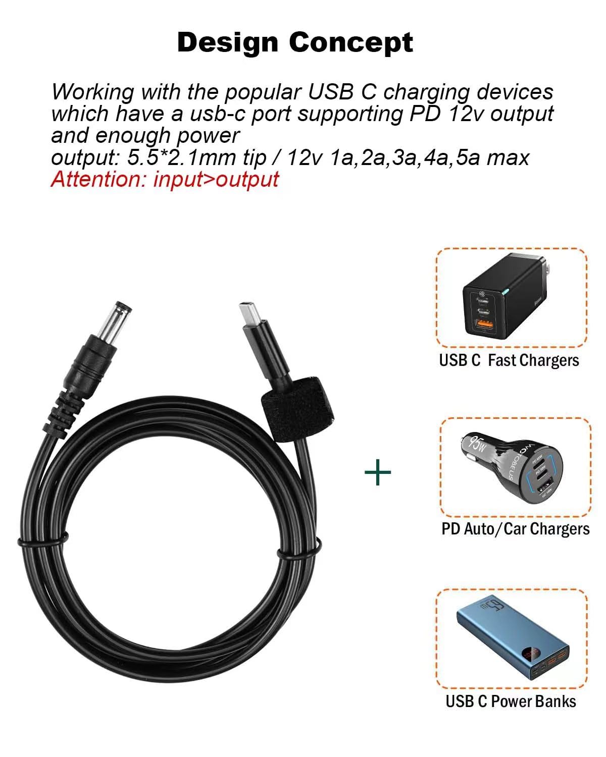 TRAHOO-USB C to 5.5mm x 2.1mm Power cord,USB-C Conver DC 12V 3A Output ...