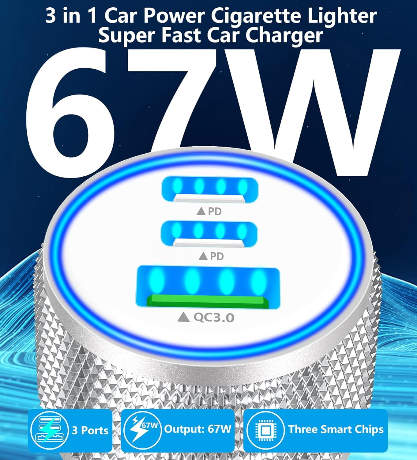 TRAHOO-USB C Car Charger, 3-Port 67W Dual USB-C&USB-A Car Power Cigarette Lighter USB Charger ...