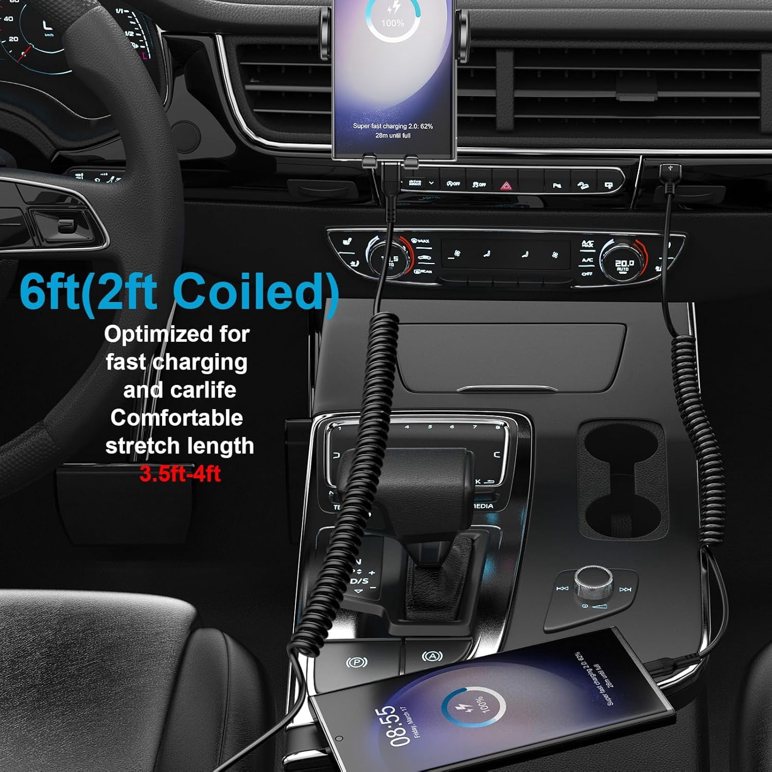 TRAHOO-USB C Car Coiled Cable 6FT/3FT Retractable Auto Type C Fast ...