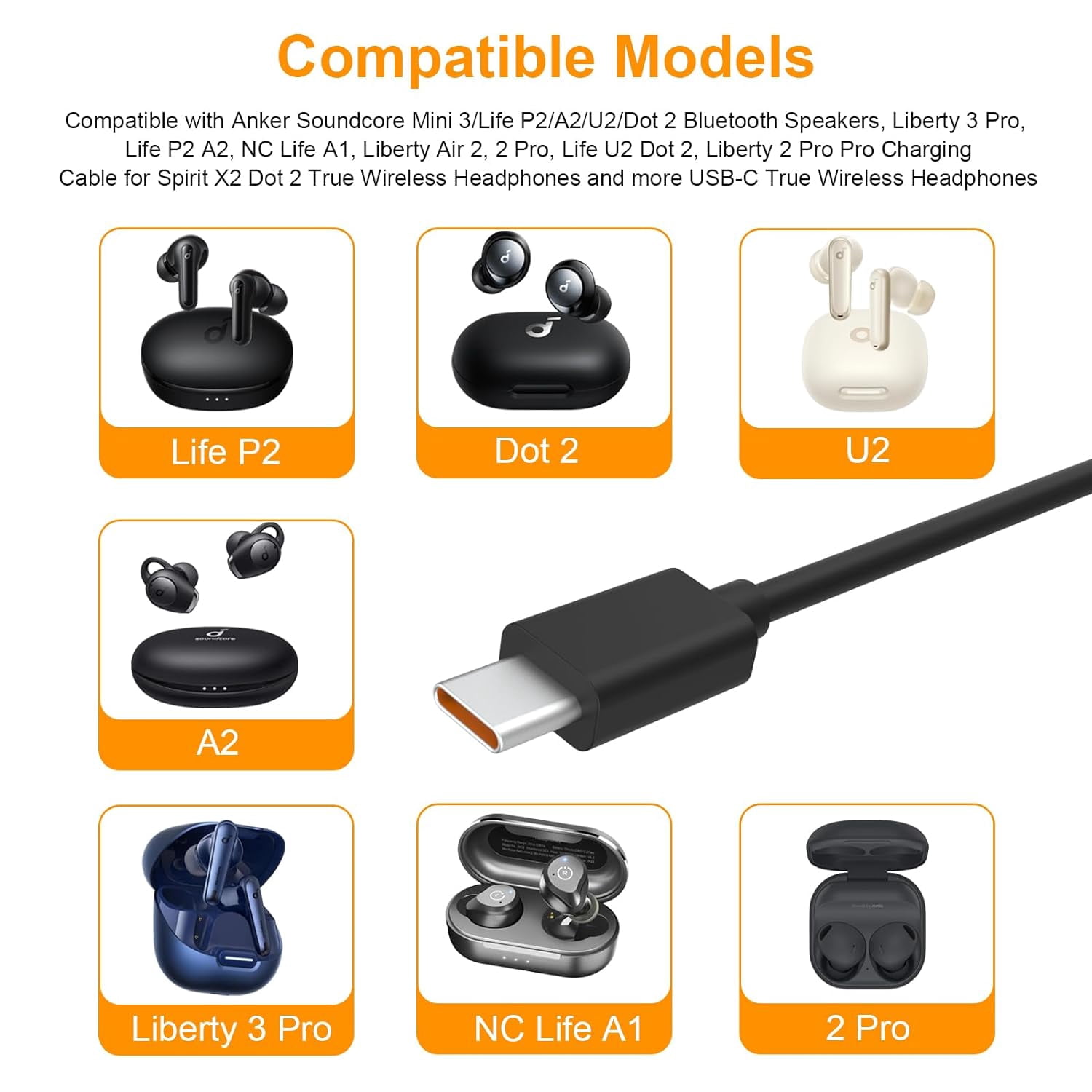 TRAHOO-USB C Charging Cable Compatible with Anker Soundcore Life P2/A2 ...