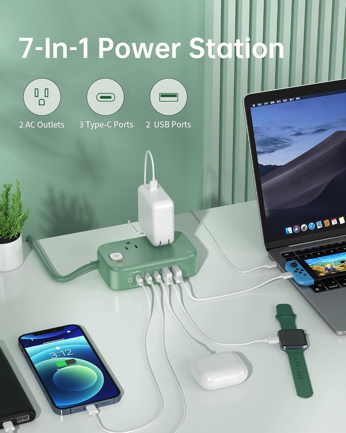 TRAHOO-USB C Charging Station,80W USB Charging Hub Power Strip,6FT Flat Extension Cord,Max 20W ...
