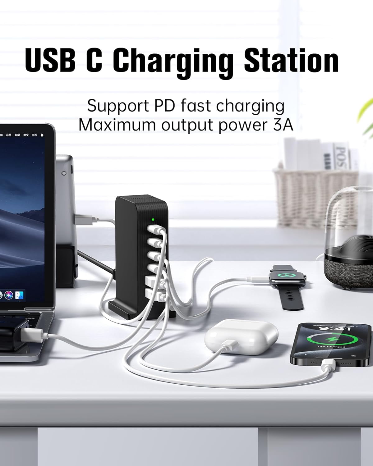 TRAHOO-USB C Charging Station,USB Charging Hub Total 90W, 6 Port USB ...