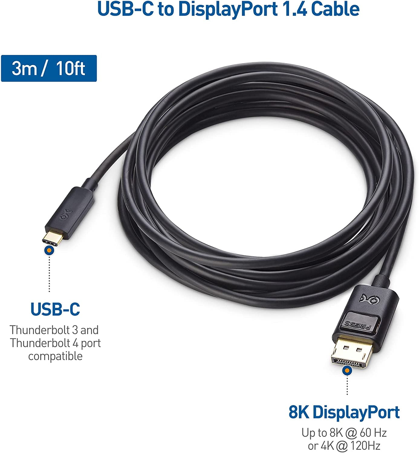TRAHOO-USB C to DisplayPort 1.4 Cable 10 ft, Support 8K@60Hz, 4K@240Hz ...
