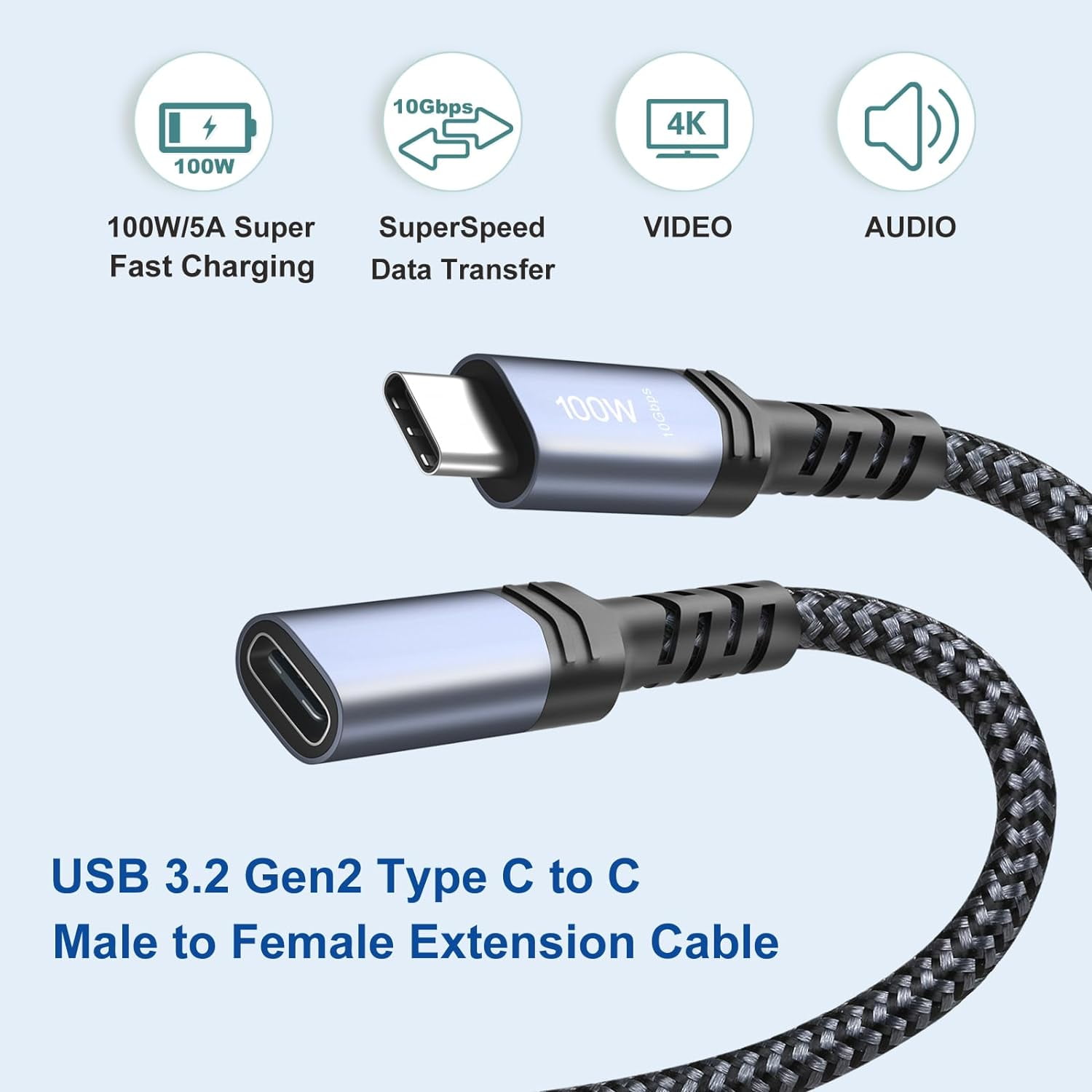 TRAHOO-USB C Extension Cable (3.3Ft/10Gbps/100W), USB 3.2 Extender Type ...