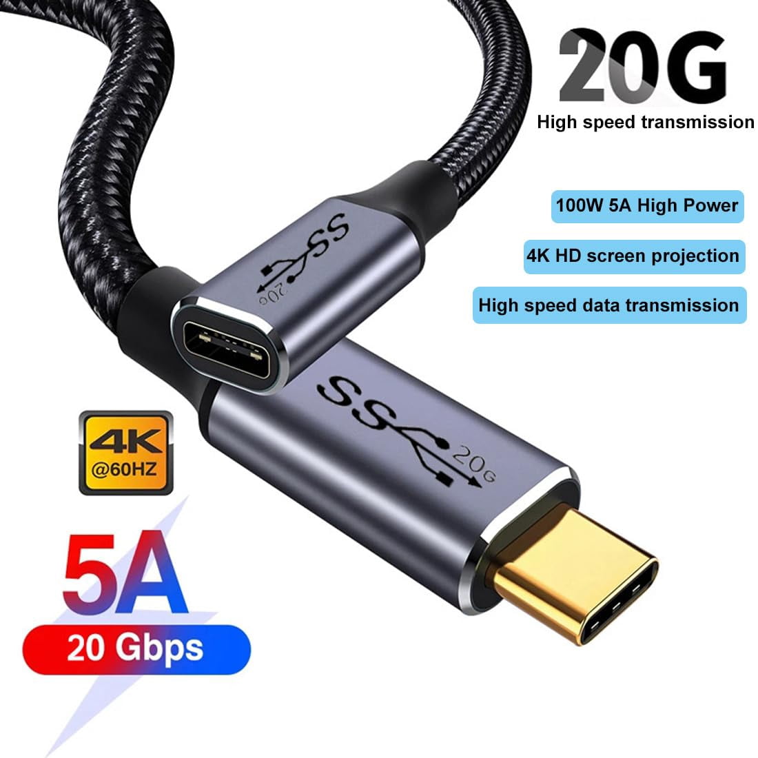 TRAHOO-USB C Extension Cable, 3.3Ft/1M 20Gbps 100W, USB C 3.2 Extender ...