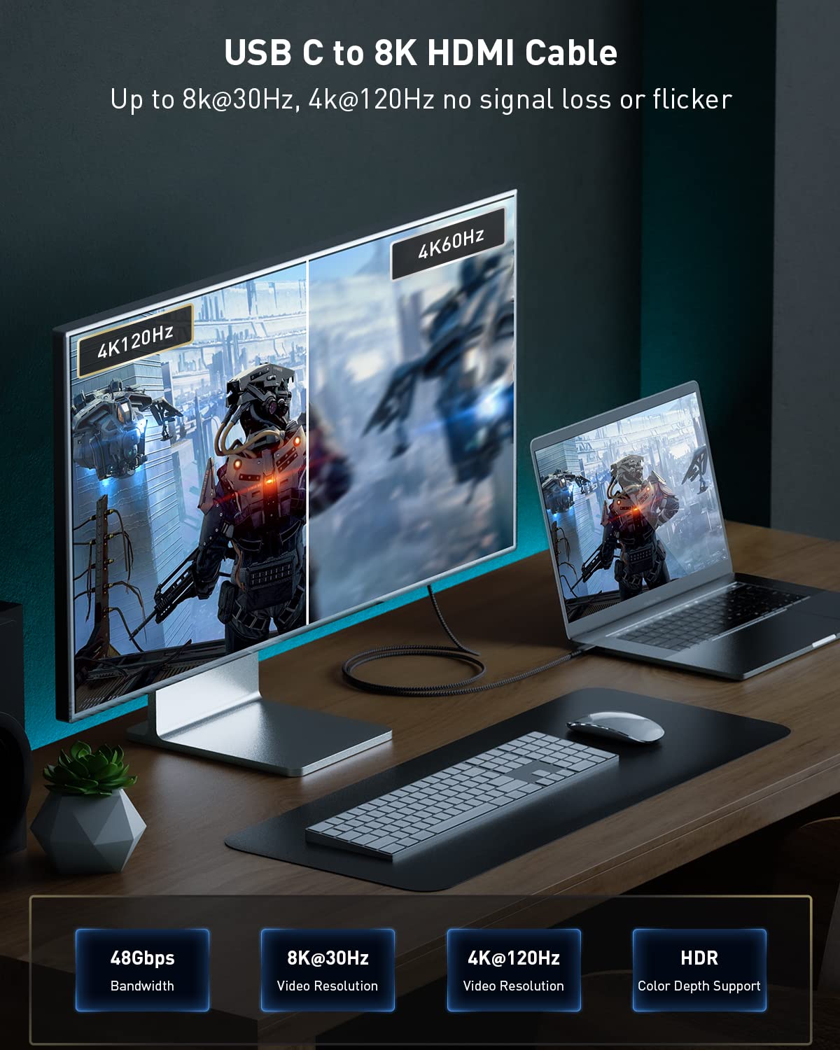 TRAHOO-USB C to HDMI Cable [8K, 48Gbps], Type C to HDMI 2.1 Adapter ...