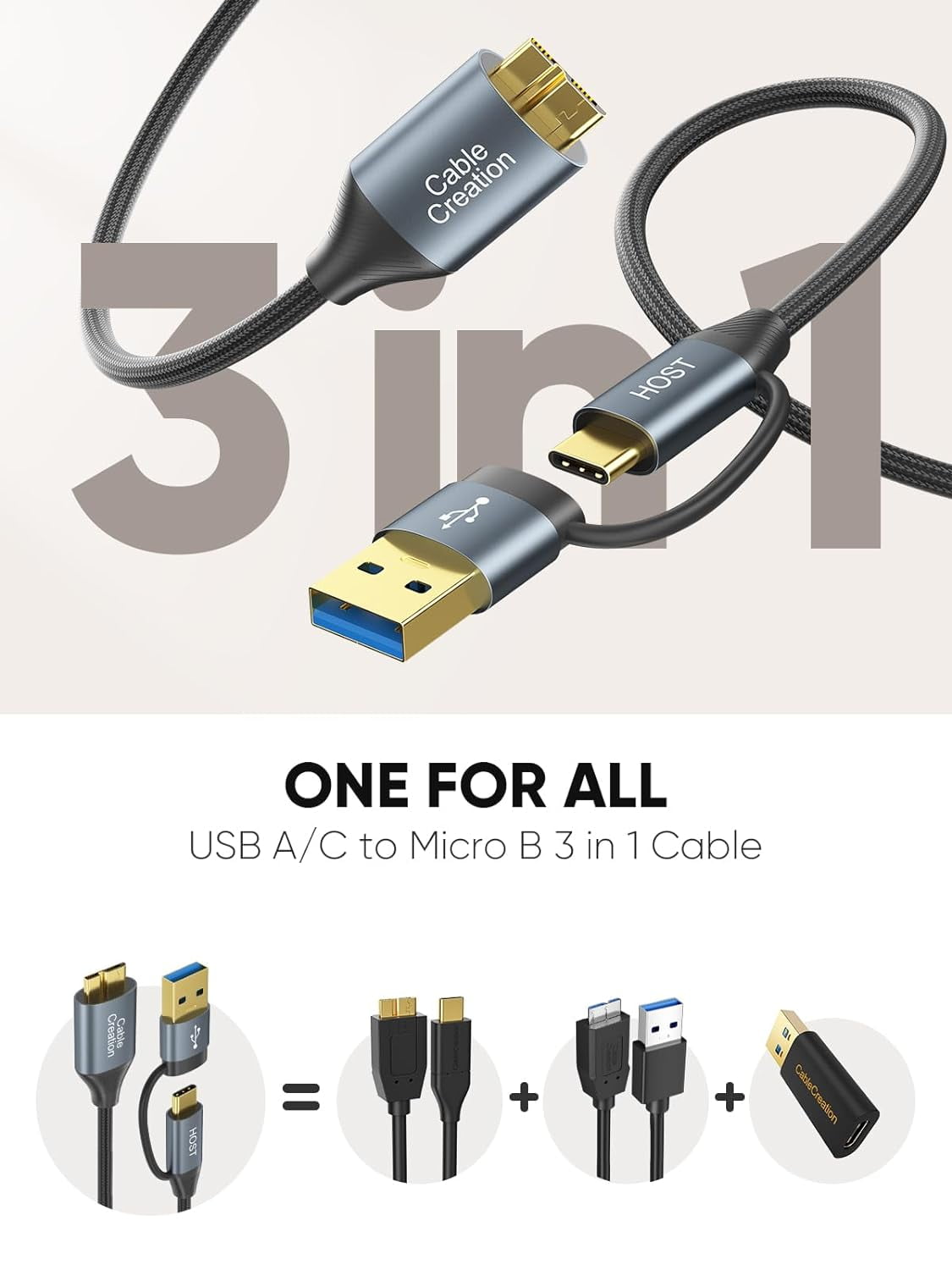 TRAHOO-USB C Hard Drive Cable 3FT, 5Gbps USB A/C to Micro B Cable, USB ...