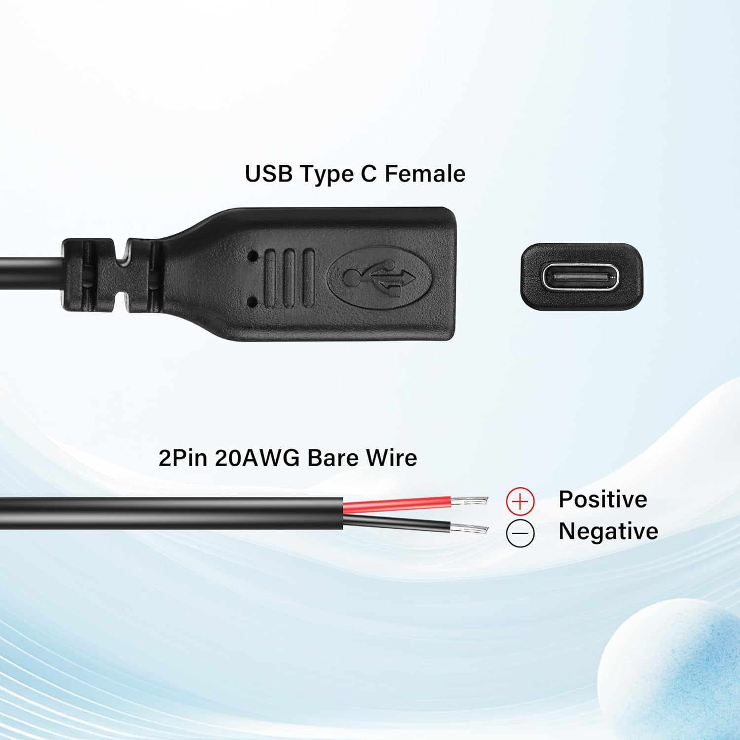 TRAHOO-USB C Pigtail Cable0.5M 5V USB Type C Female Socket to 2 Pin Bare Wire Extension Power ...