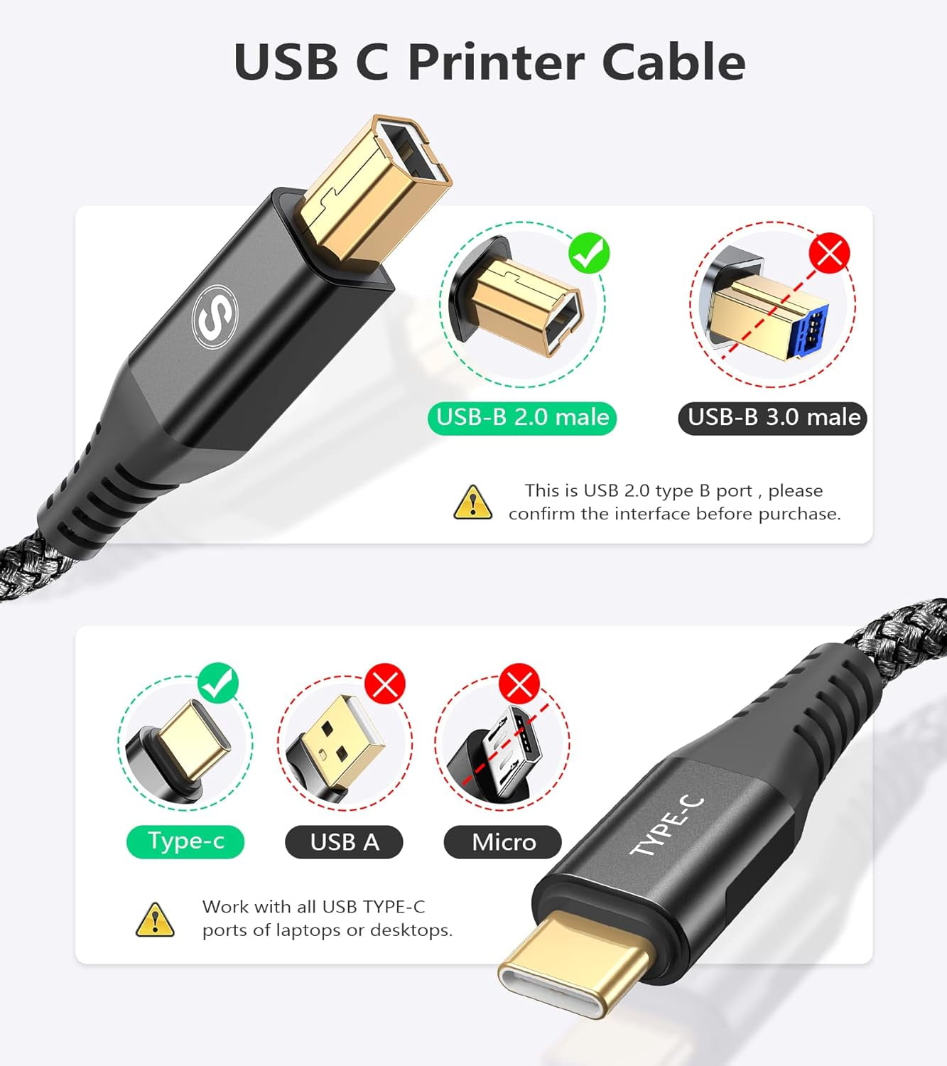 TRAHOO-USB C Printer Cable 10ft Type C to USB B Printer Cable Nylon ...
