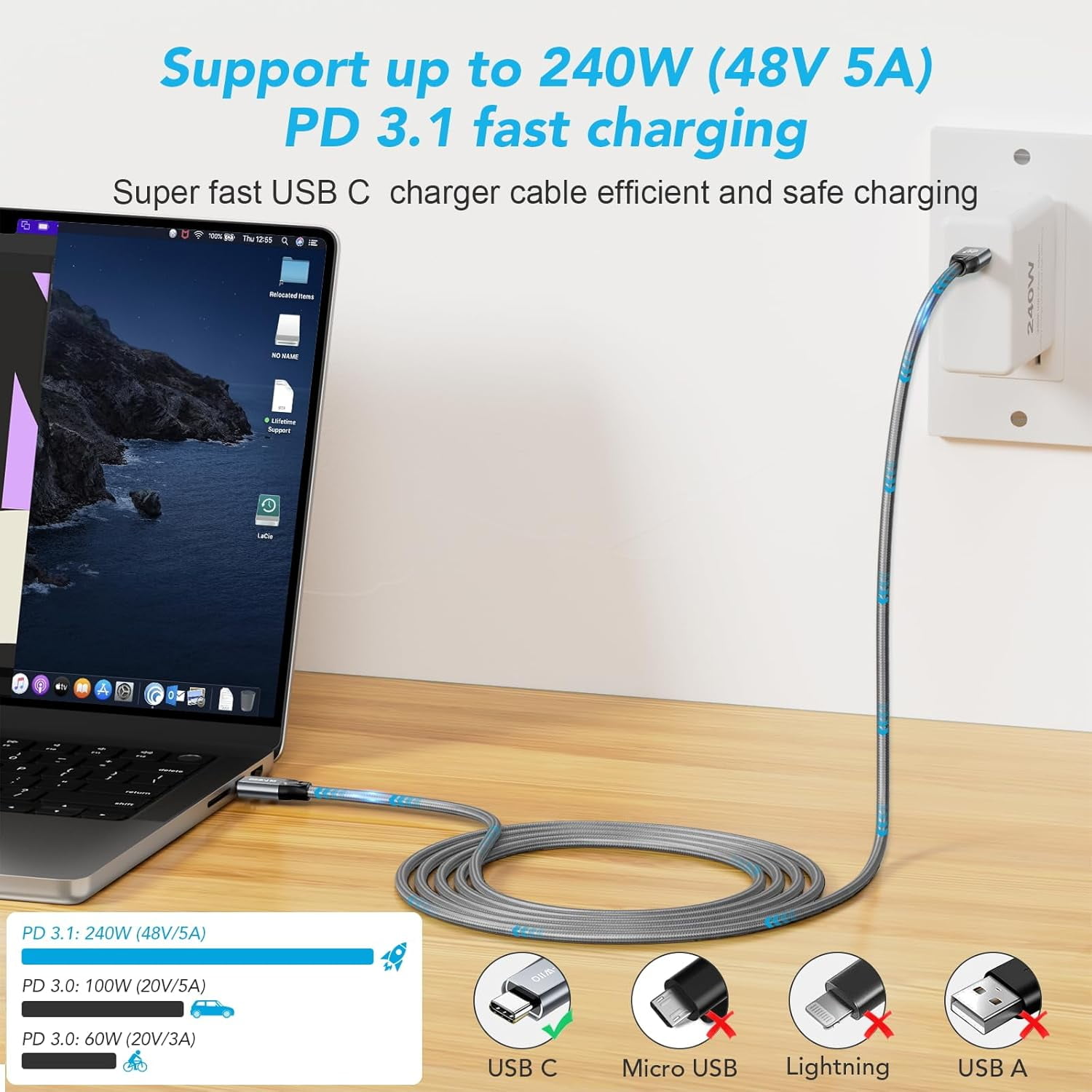 TRAHOO-USB C to USB C Cable Fast Charging 240W PD 3.1 High Speed 20Gbps ...