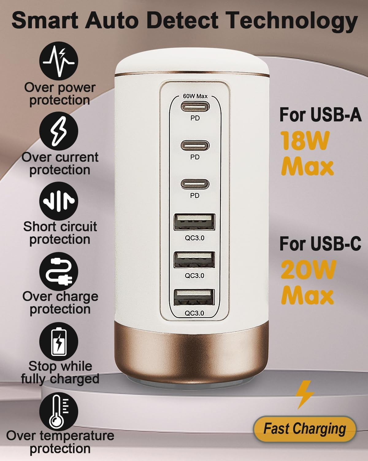 TRAHOO-USB C and USB Multiport Tower Charger, 60W 6 Port Charging Hub ...