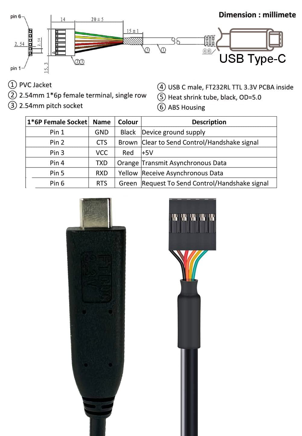 TRAHOO-USB C to 3.3V TTL UART Serial Cable TTL-232R-3V3 with FT232 ...