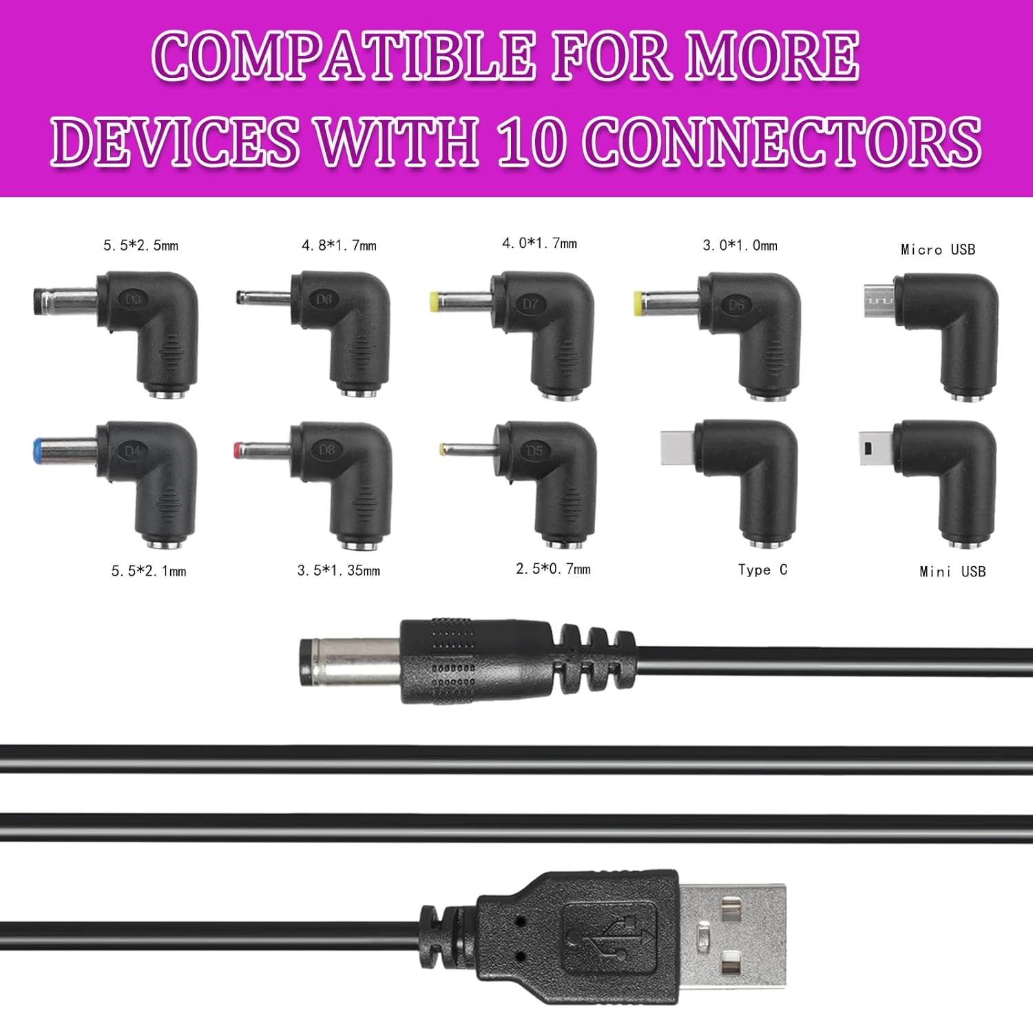 TRAHOO-USB to DC Power Charging Cable with 10pcs DC Barrel Jack ...