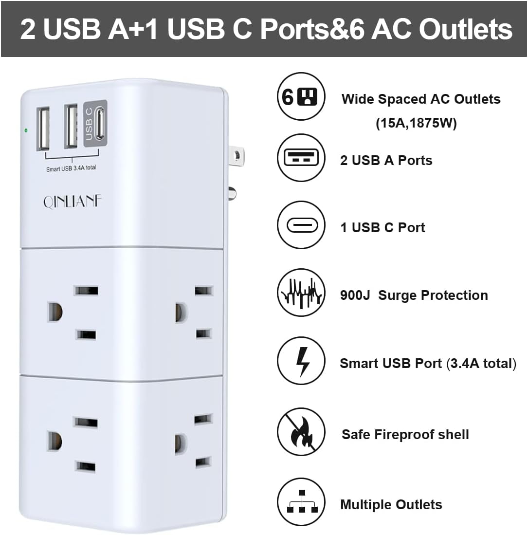 TRAHOO-USB Outlet Extender Surge Protector - Multi Plug Outlet with ...