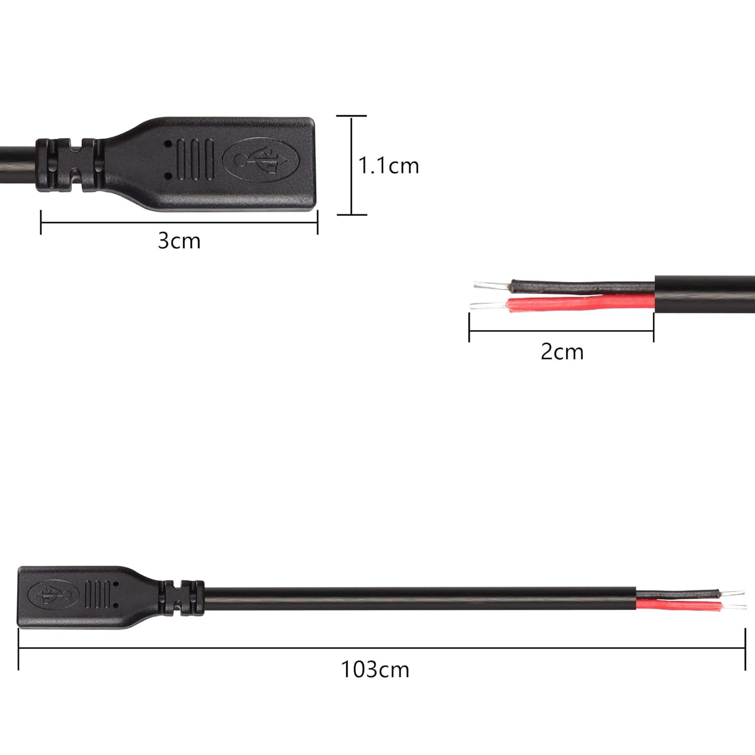 TRAHOO-USB Type-C Pigtail Cable Extension Power Cable 22AWG 5V 3A USB-C Plug to 2 Pin Bare Wire ...