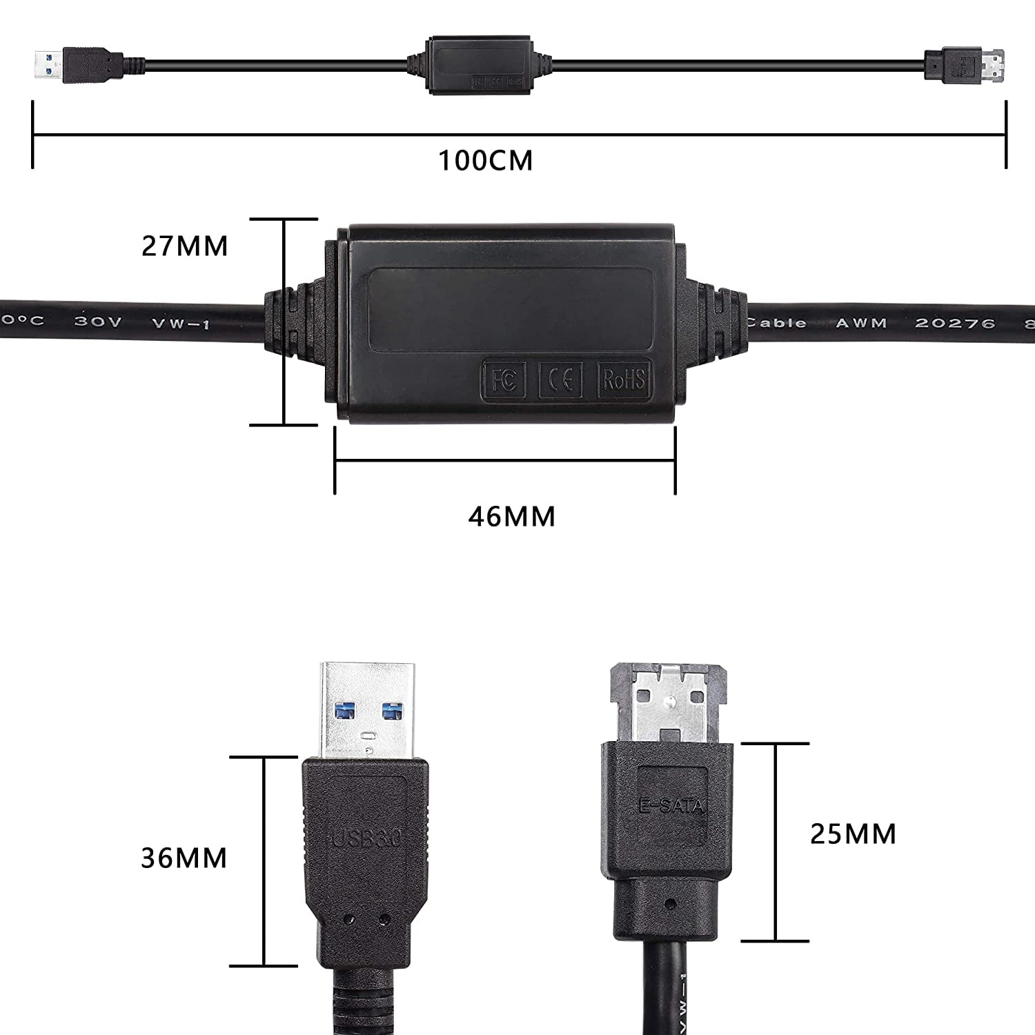 TRAHOO-USB to eSATA Adapter Cable 5Gbps USB 3.0 to Power eSATA ...