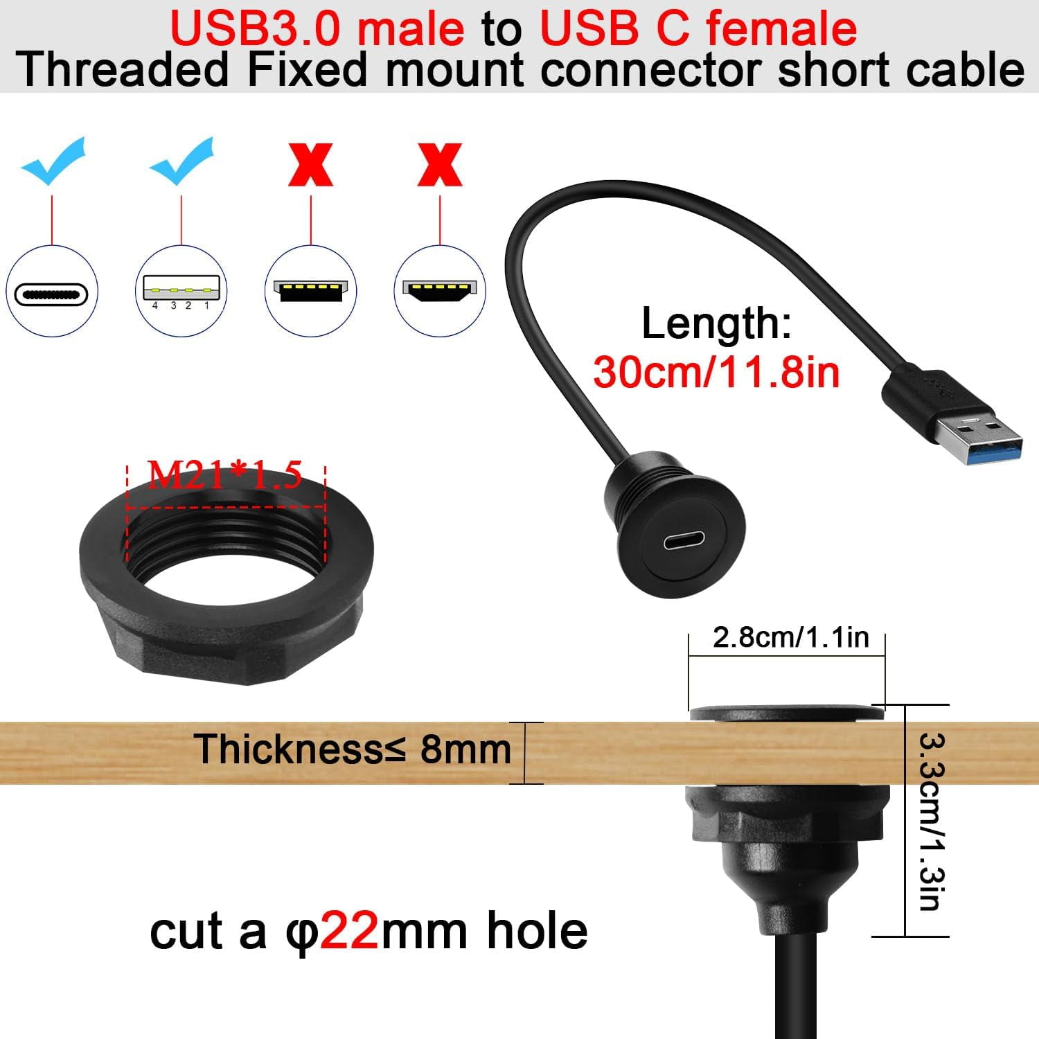 TRAHOO-USB3.0 to USB C Embedded Mount Adapter Short Cable 5Gbps USB3.0 ...