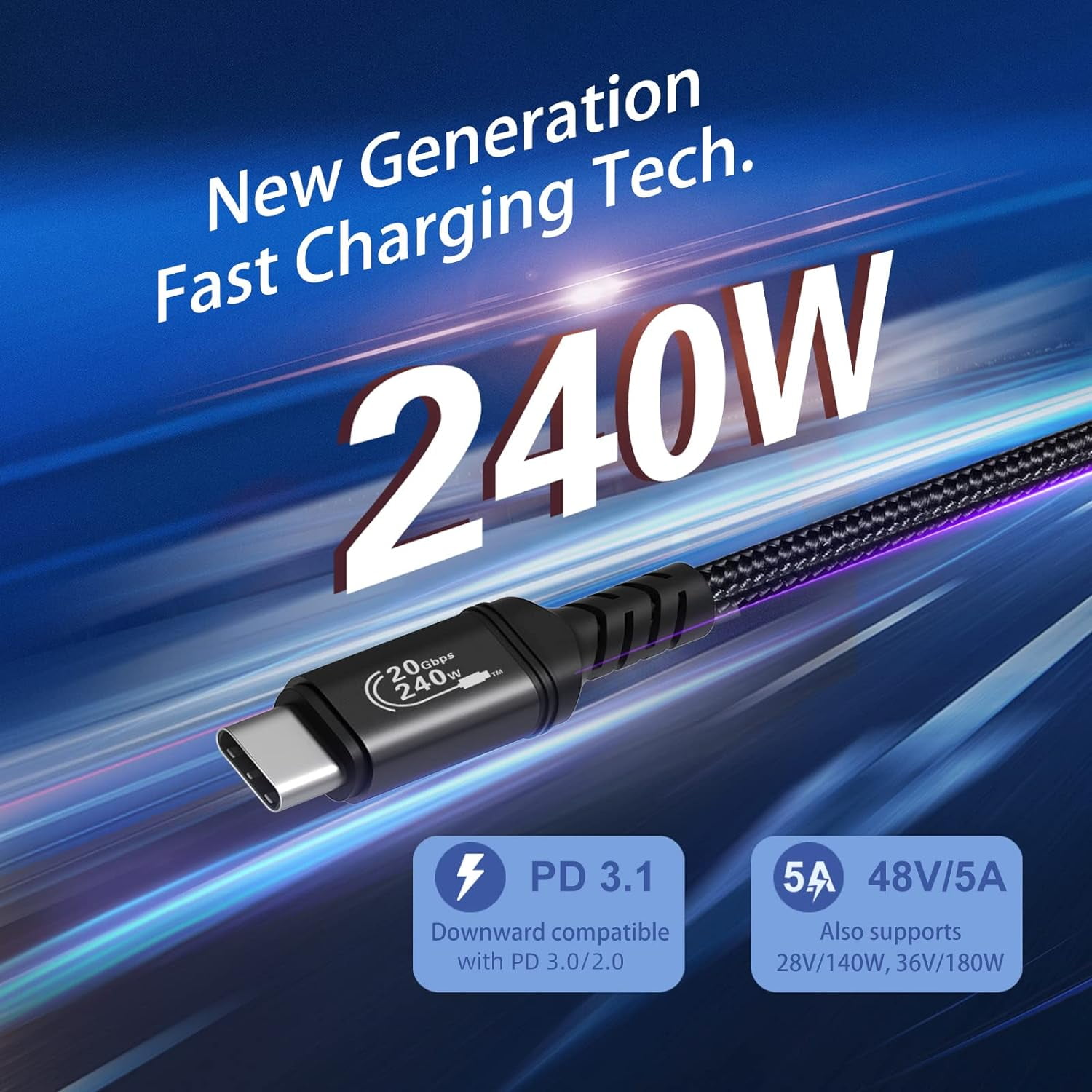 TRAHOO-USBC to USBC Cable 10 ft, 240W Type C Fast Charging PD3.1 48V/5A ...