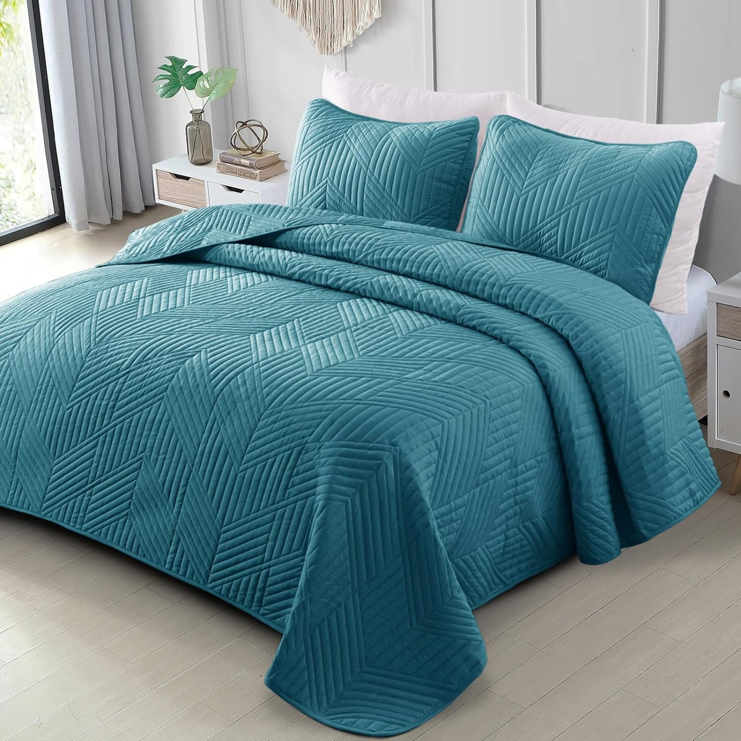 TRAHOO-Ultrasonic King Quilt Bedding Set, Lightweight Teal Bedspreads ...