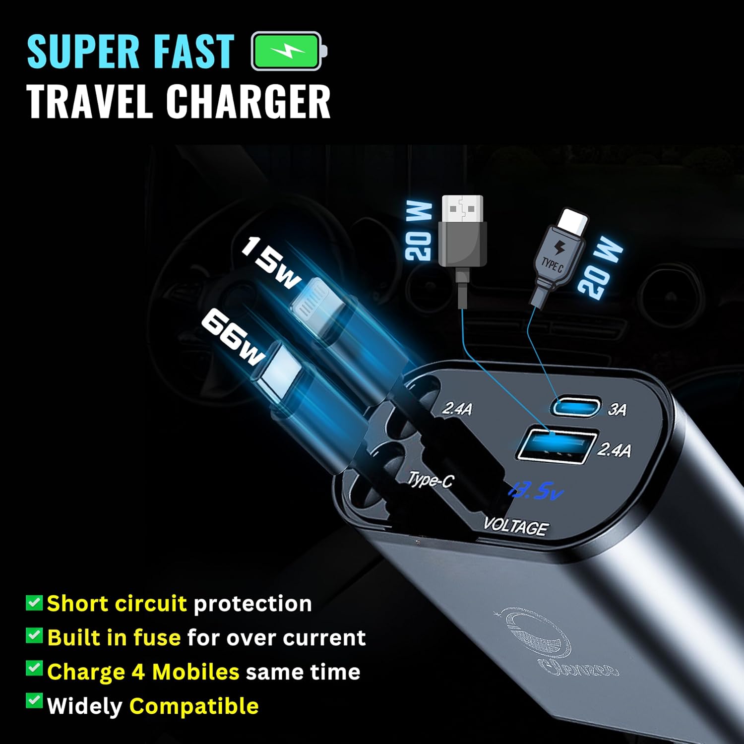 TRAHOO-【Upgraded】 Retractable Car Charger 4 in 1 Fast Car Phone Charger ...
