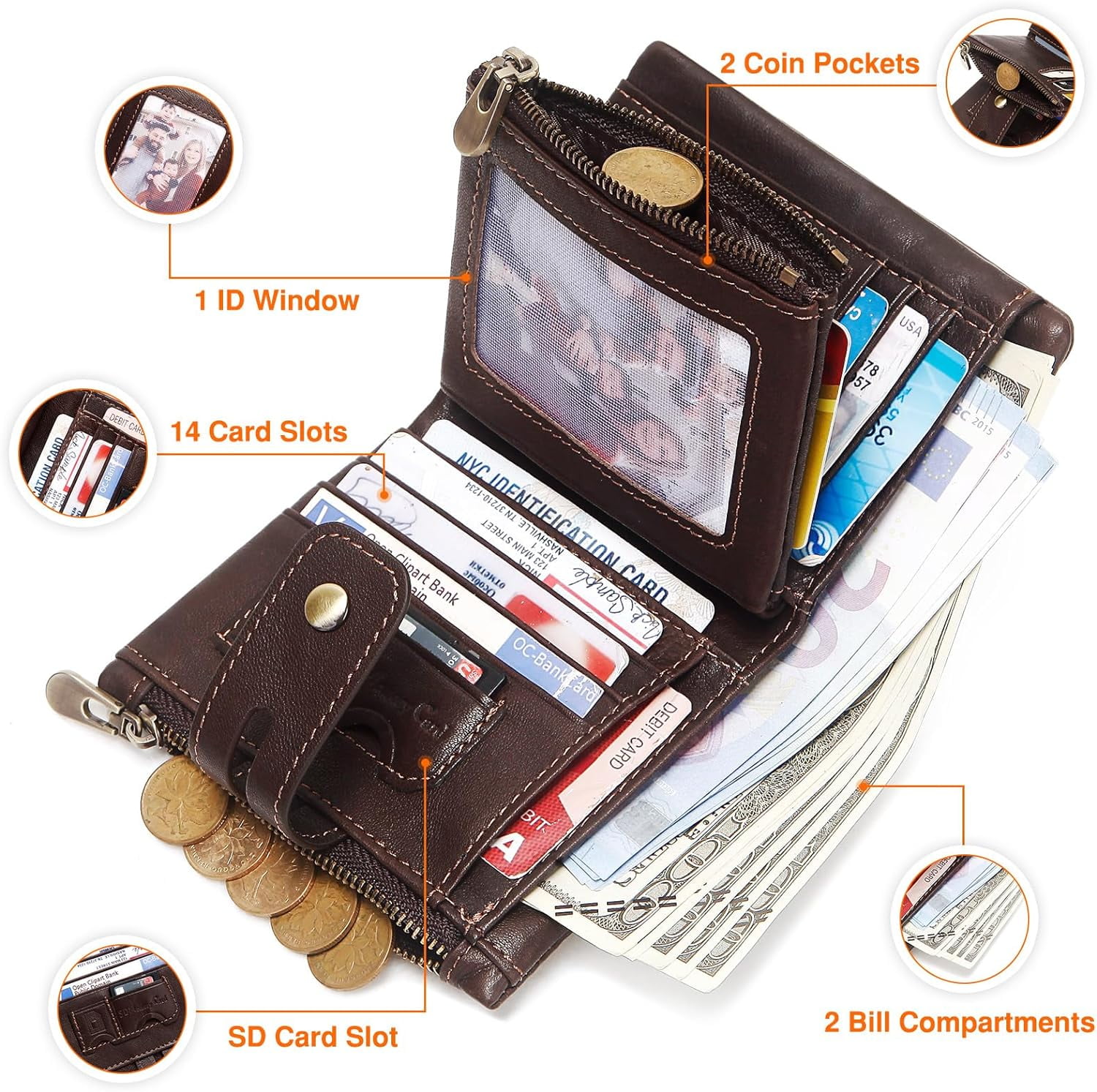 TRAHOO-Wallet with Chain,Genuine Leather Purse RFID Blocking Bifold ...