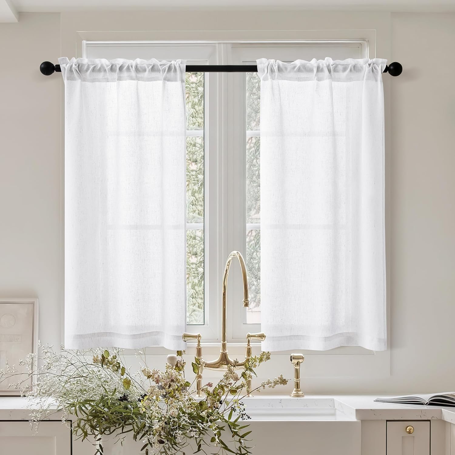 TRAHOO-White 36 Inch Length Kitchen Curtains 2 Panels Linen Blend Semi ...