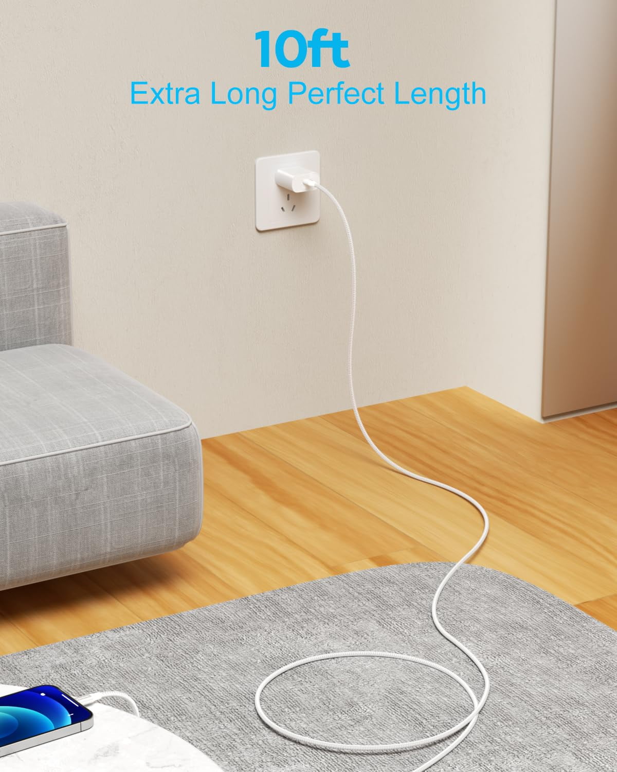 TRAHOO-White USB C to USB C Cable 10ft, 65W Fast Charging USBC to USBC ...