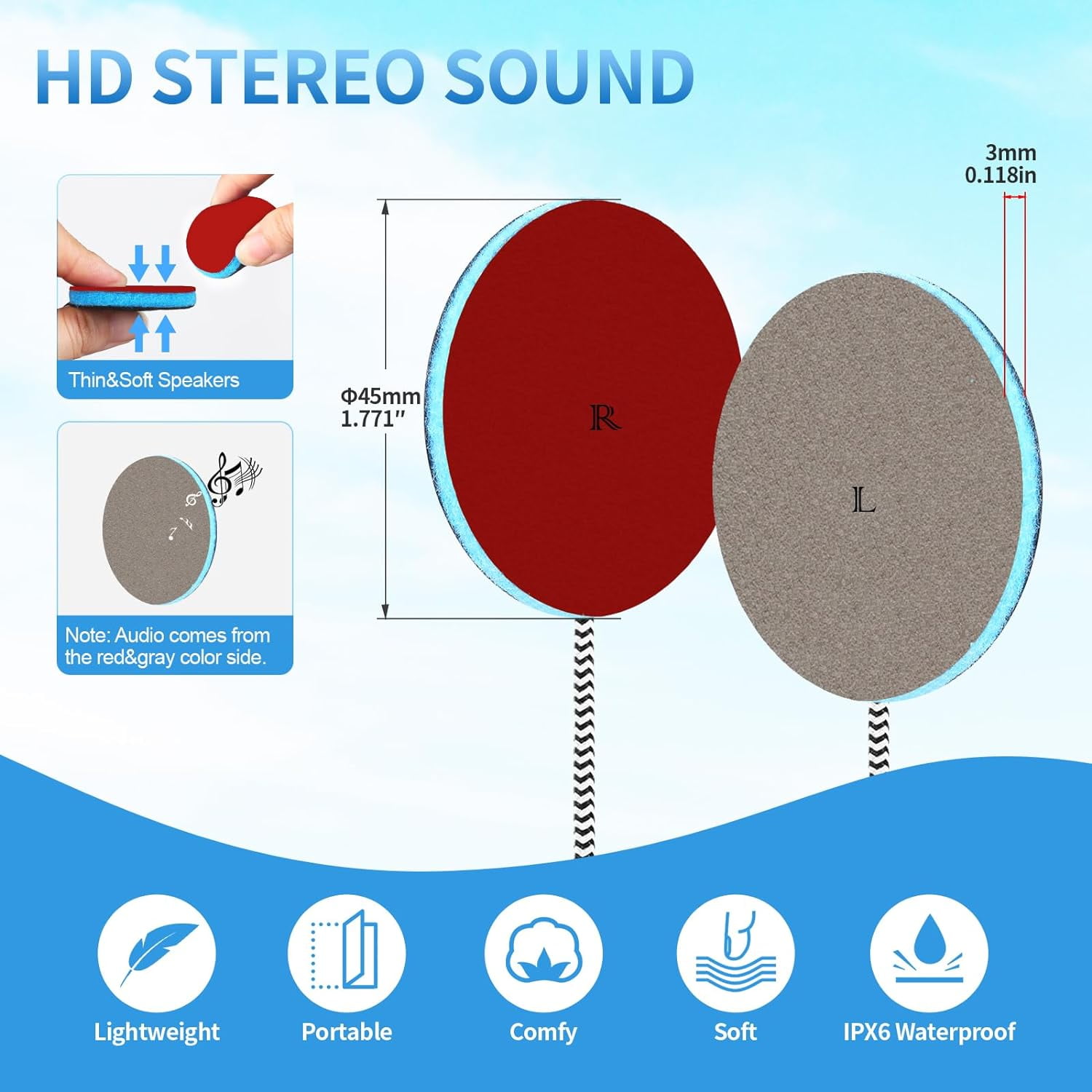 TRAHOO-Wired Ultra Thin 4mm Pillow Speakers Stereo,Sleeping Music ...