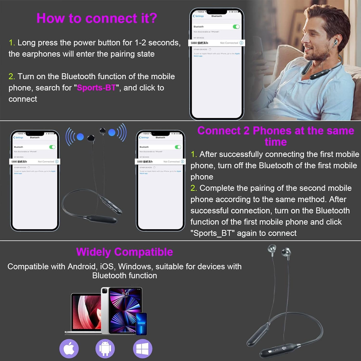 TRAHOO-Wireless Bluetooth Neckband Headphone, Ergonomic Hanging Neck ...