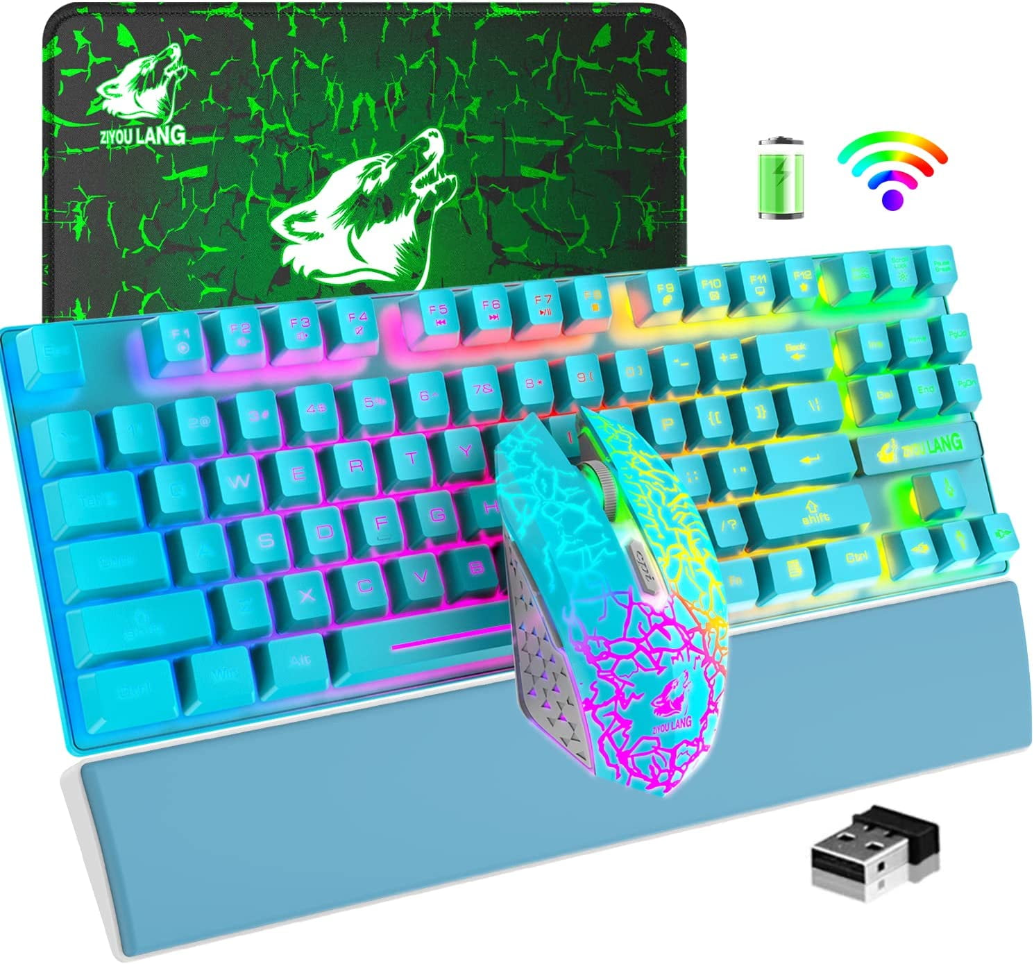 Trahoo Wireless Gaming Keyboard Mouse Combo Detachable Wrist Rest Rainbow Backlight