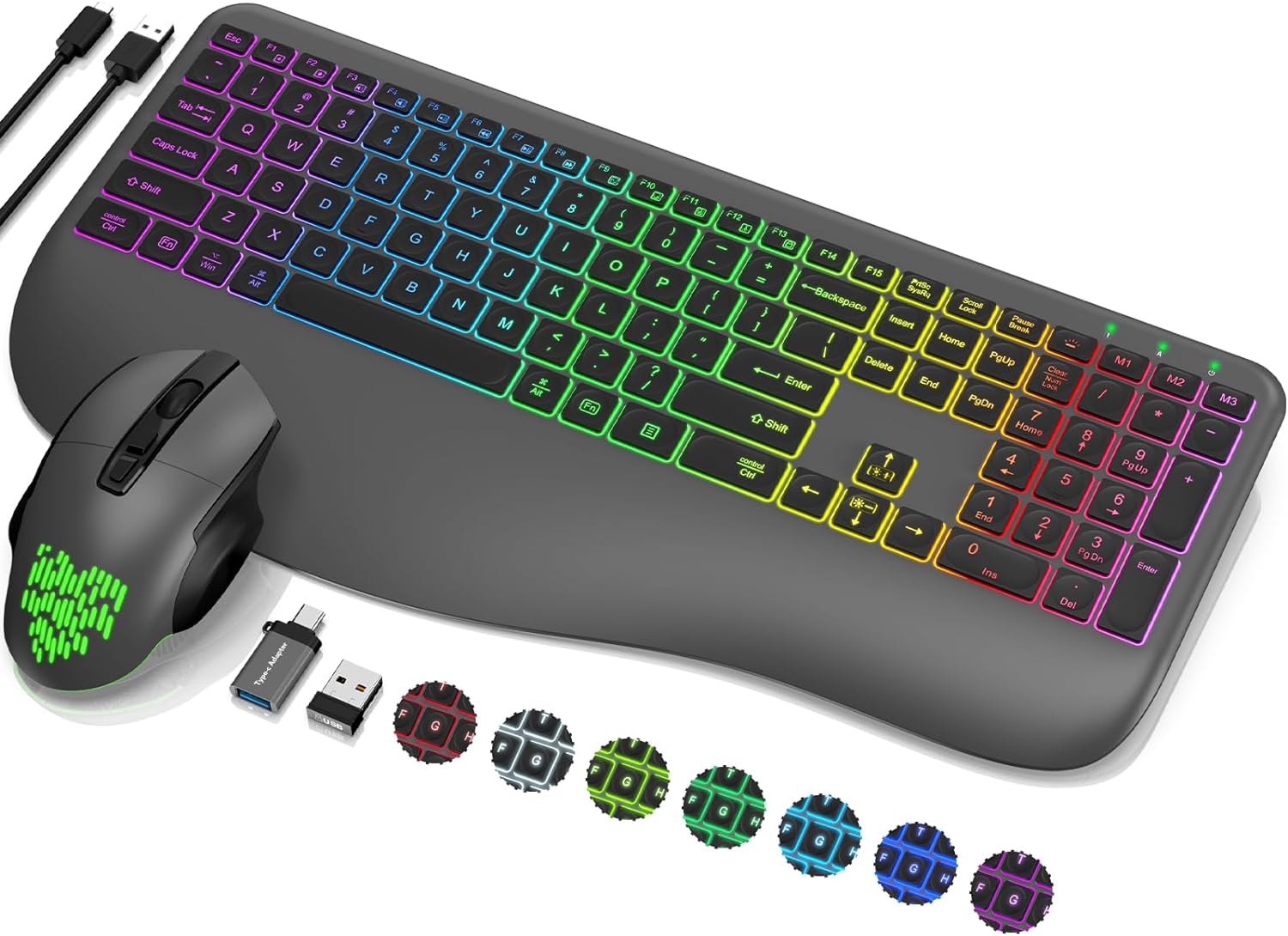 Trahoo Wireless Keyboard And Mouse Combo 9 Backlit Effects Wrist Rest Silent Light Up Keys