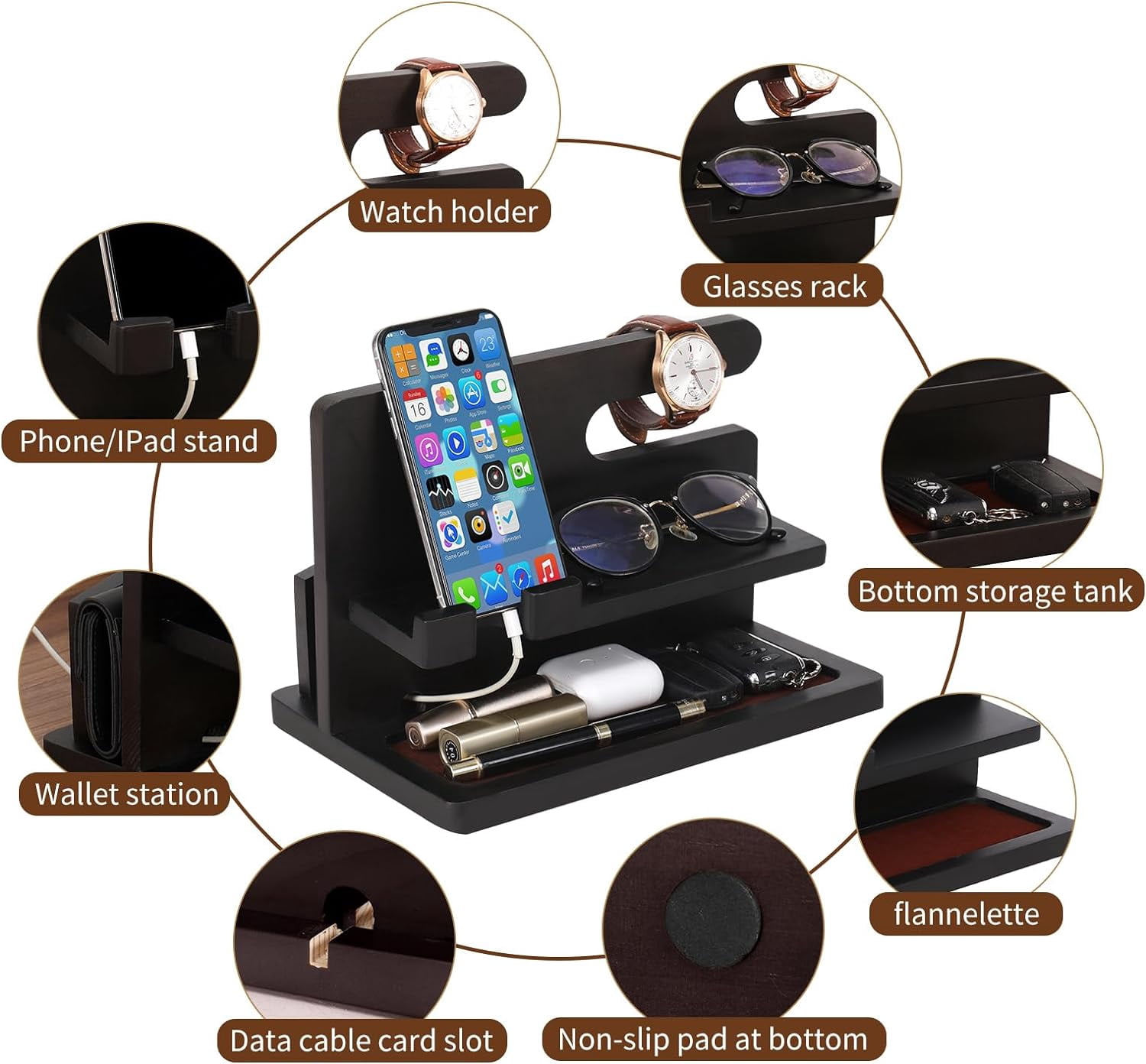 TRAHOO-Wood Phone Docking Station Gifts for Men, Bedside Organizer ...