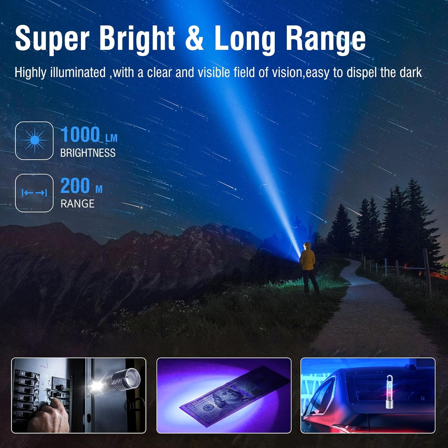 TRAHOO-Y10 LED Rechargeable Flashlight with Red UV Blue Light,High ...