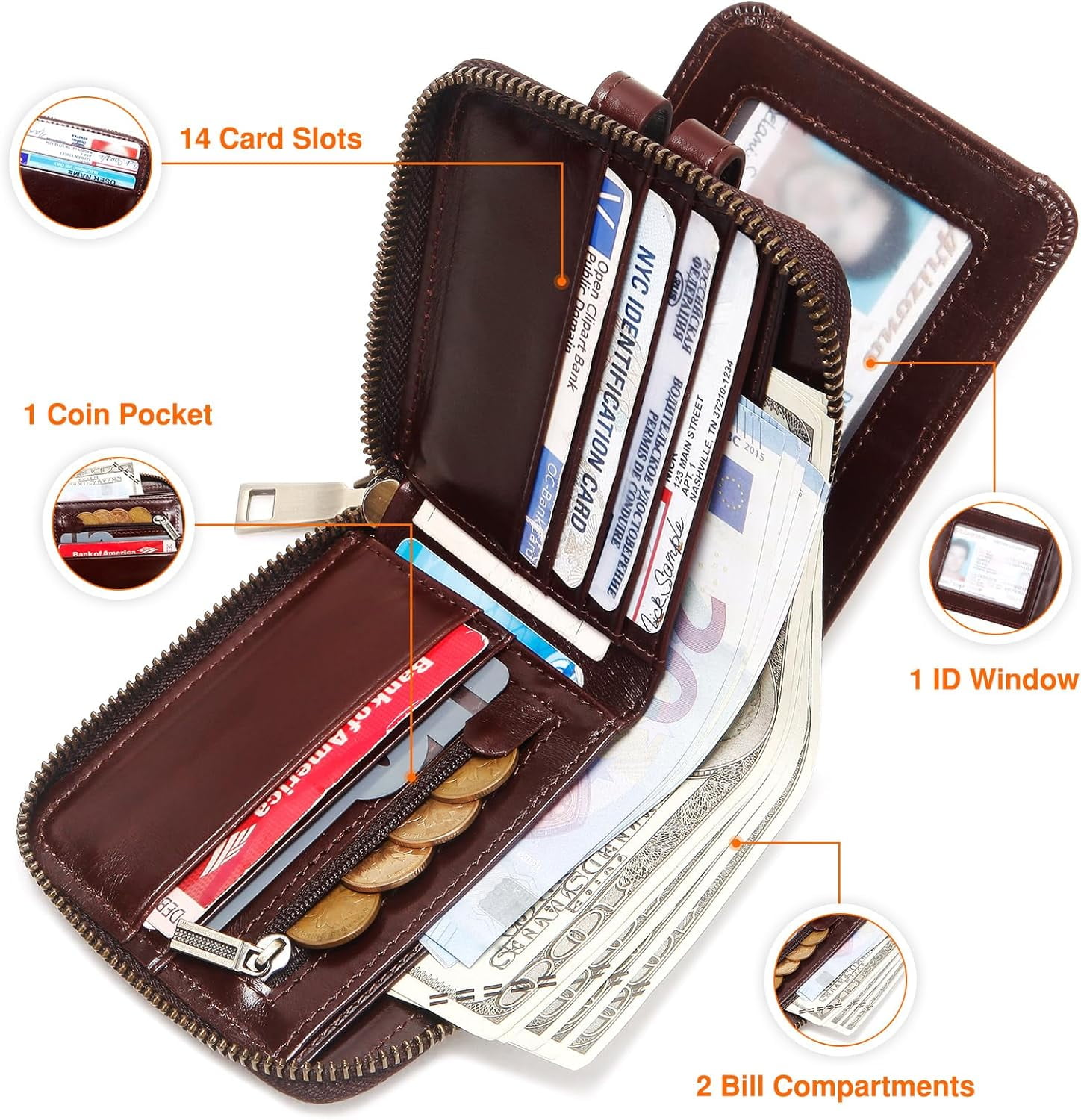 TRAHOO-Zipper Wallet for Men, Genuine Leather Zipper Around Purse RFID ...